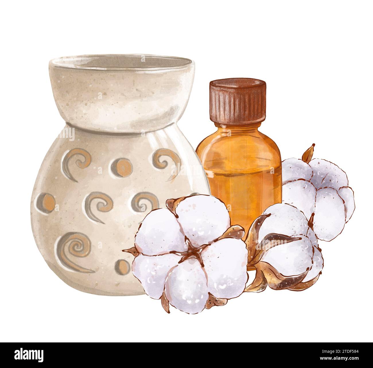 Ceramic aroma lamp, bottle of essential oil, aroma candle and cotton ...