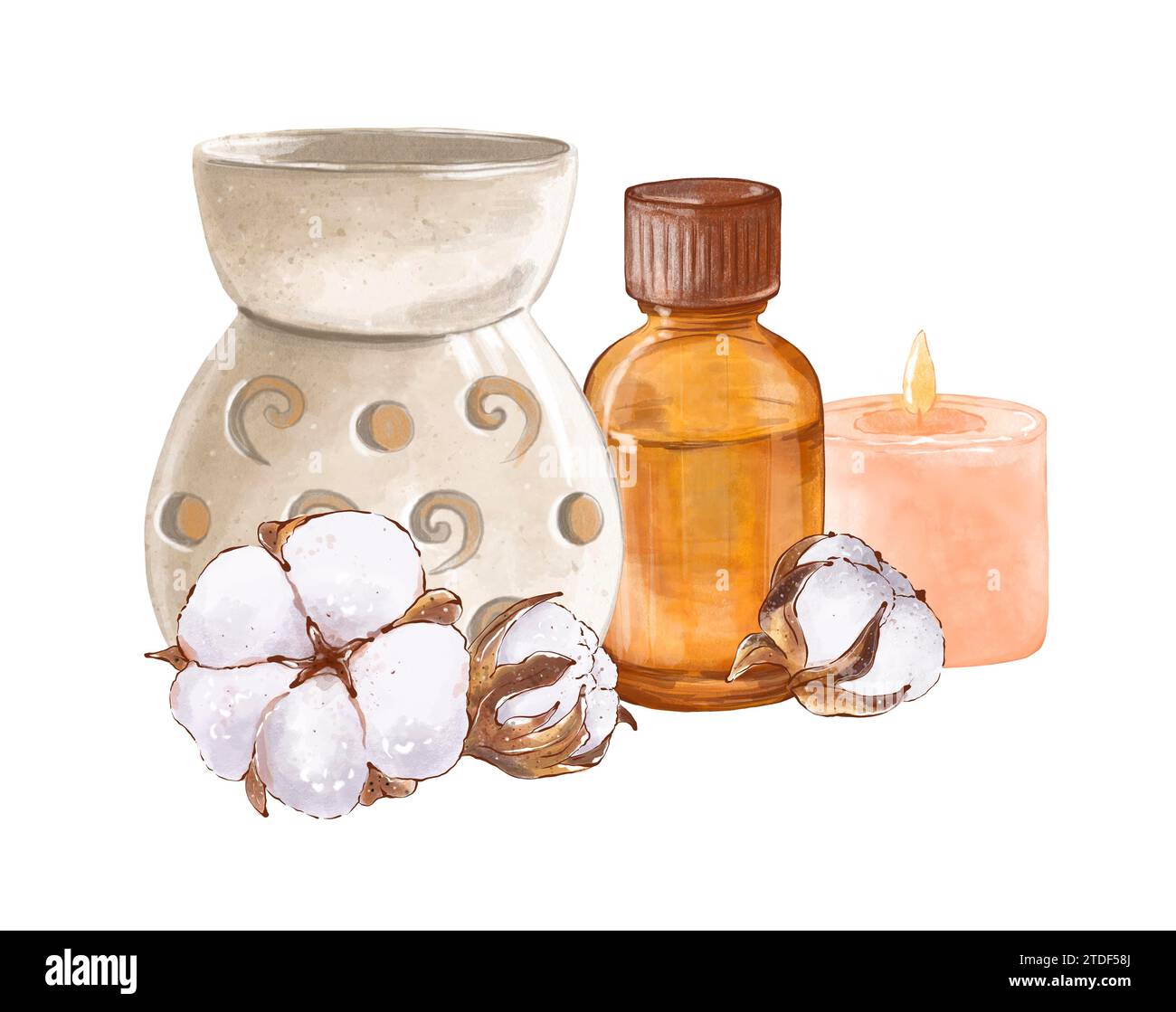 Ceramic aroma lamp, bottle of essential oil, aroma candle and cotton ...