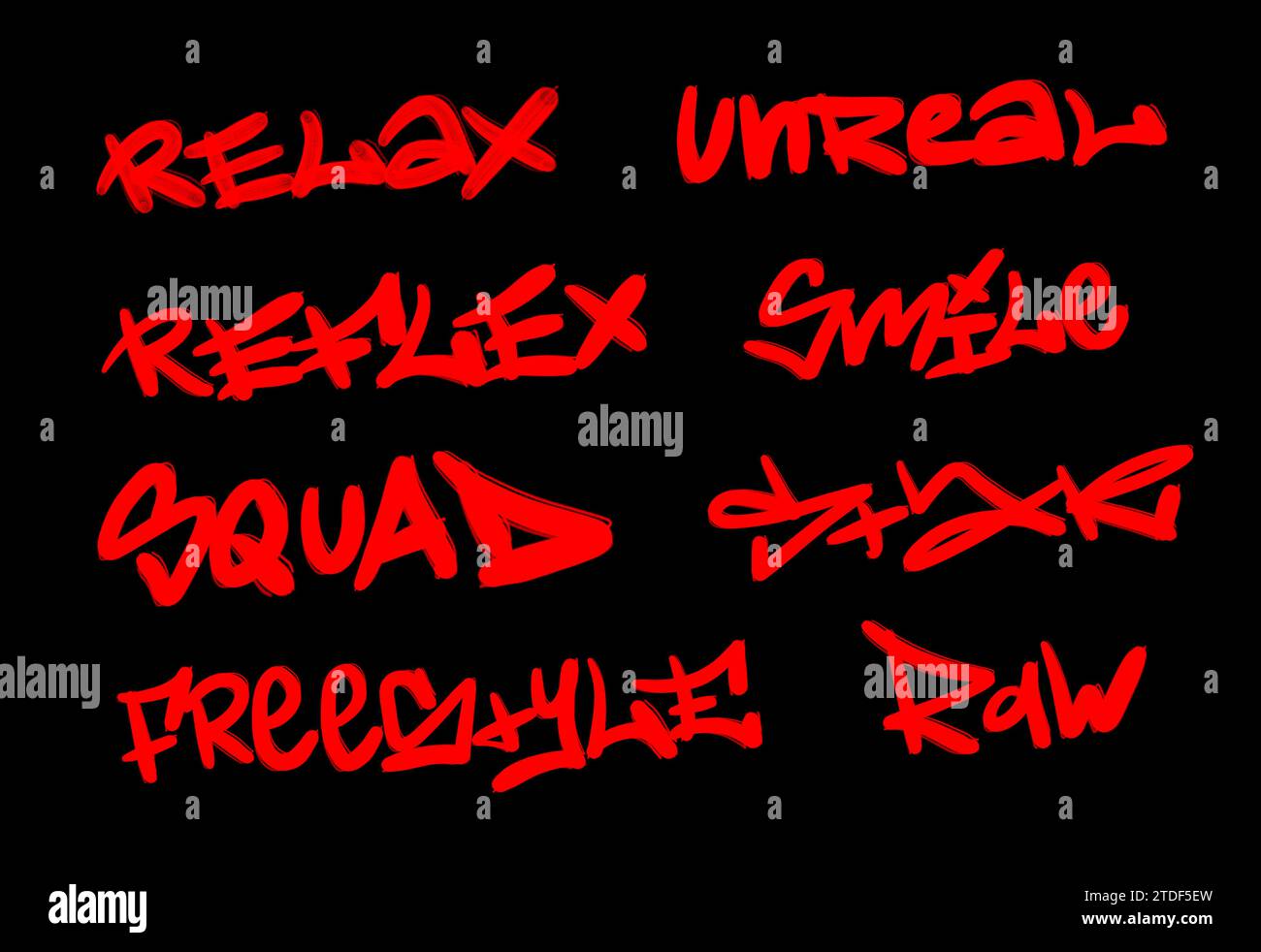 Collection of graffiti street art tags with words and symbols in red ...