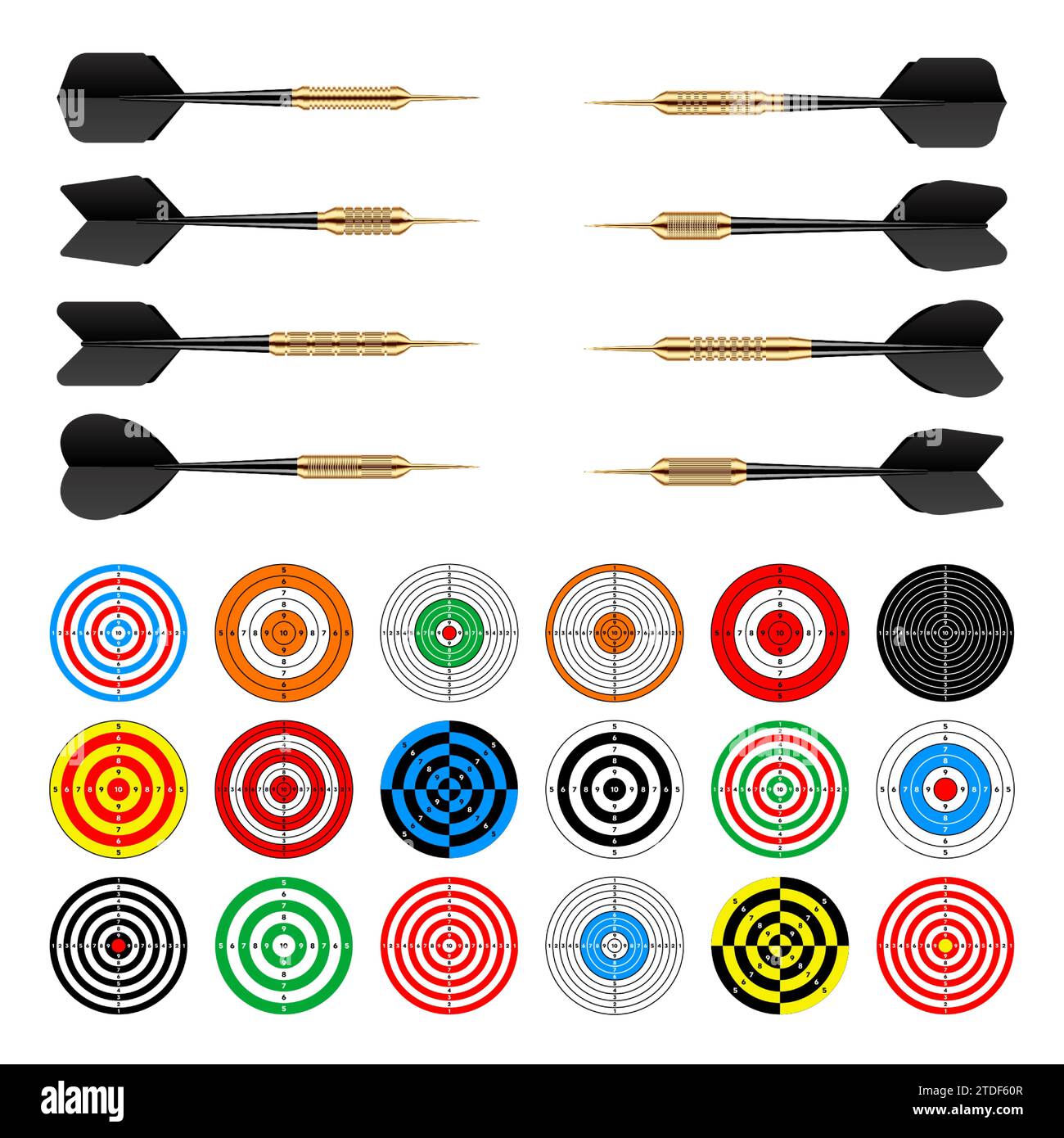 Paper targets with dart arrows. Shooting range round target, divisions ...