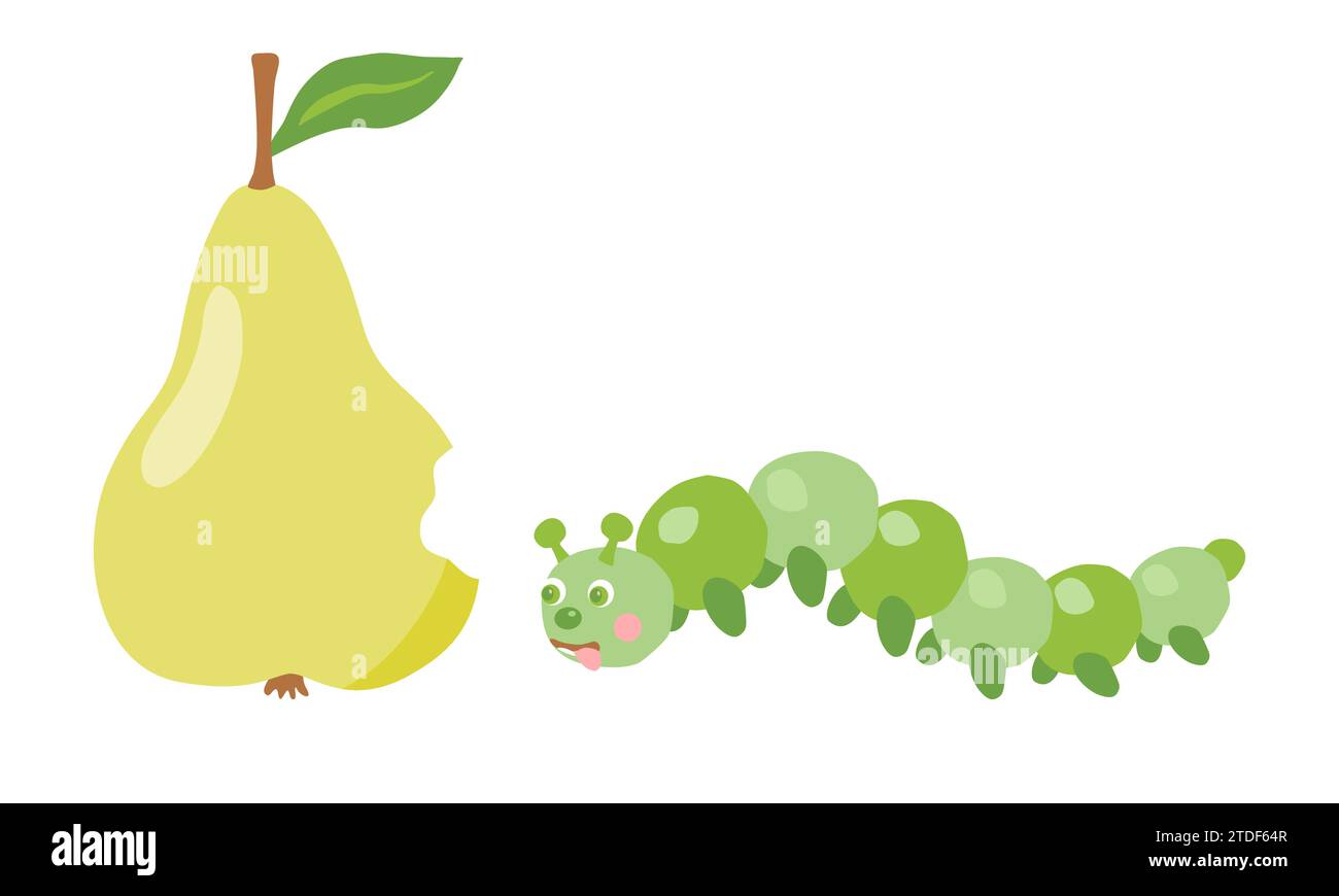 Ripe nibbled pear and cute caterpillar, funny kids design element ...