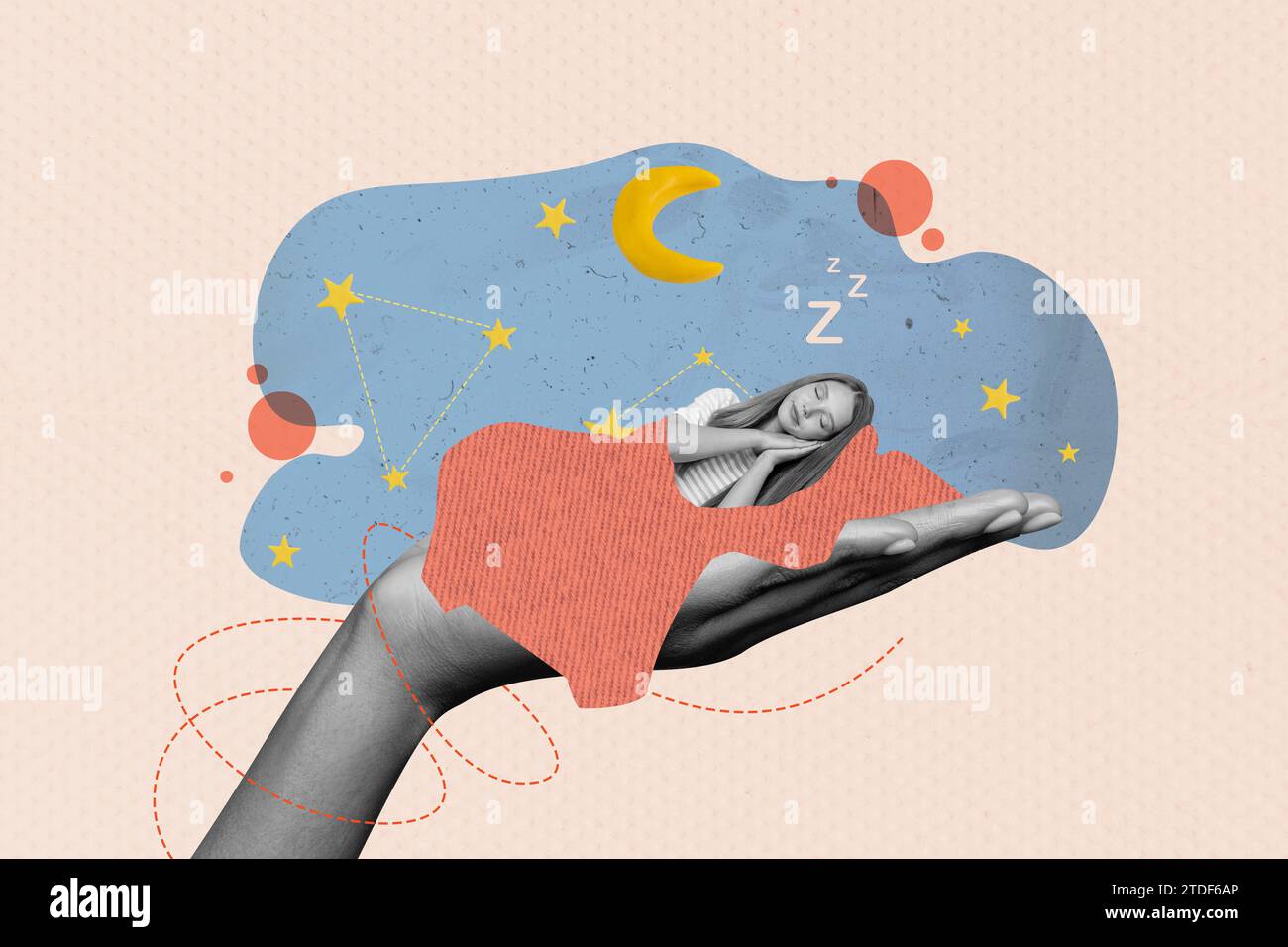 Creative picture collage of young female sleeping clasped palms closed ...