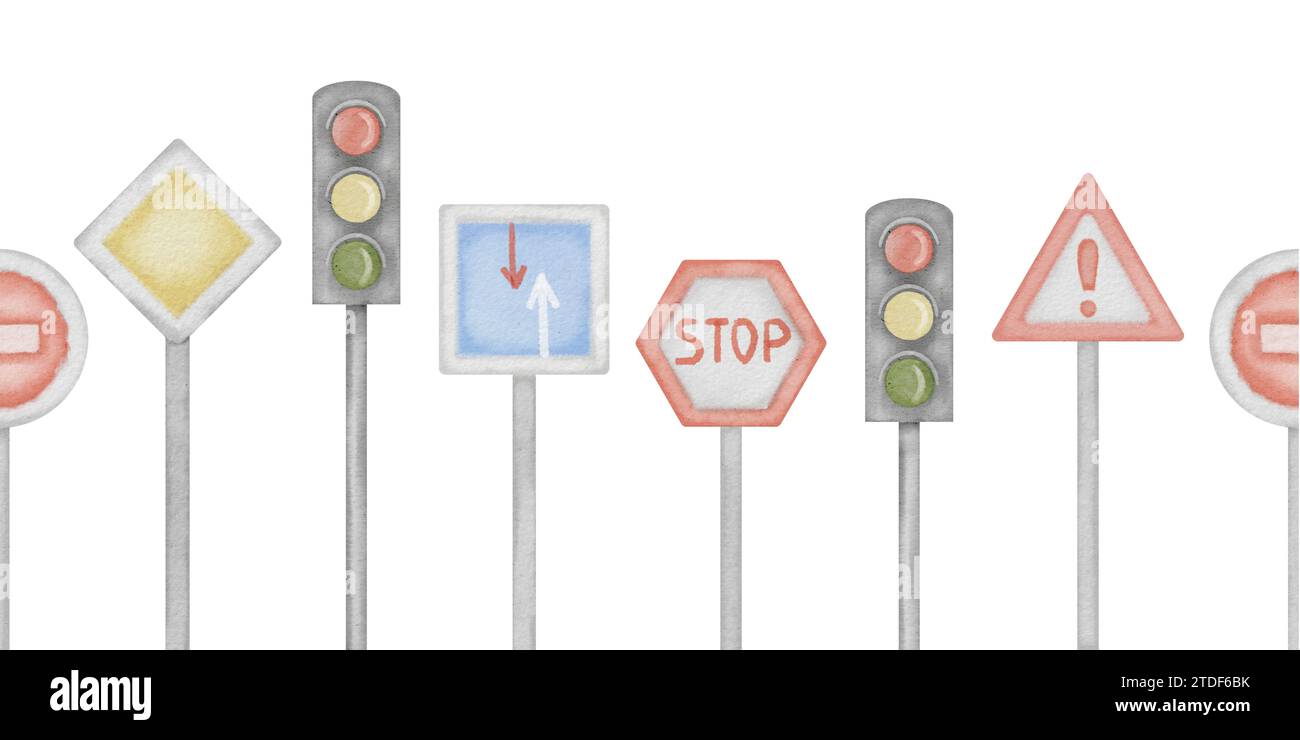 Road Sign Border Watercolor illustration. Seamless pattern of a stop ...
