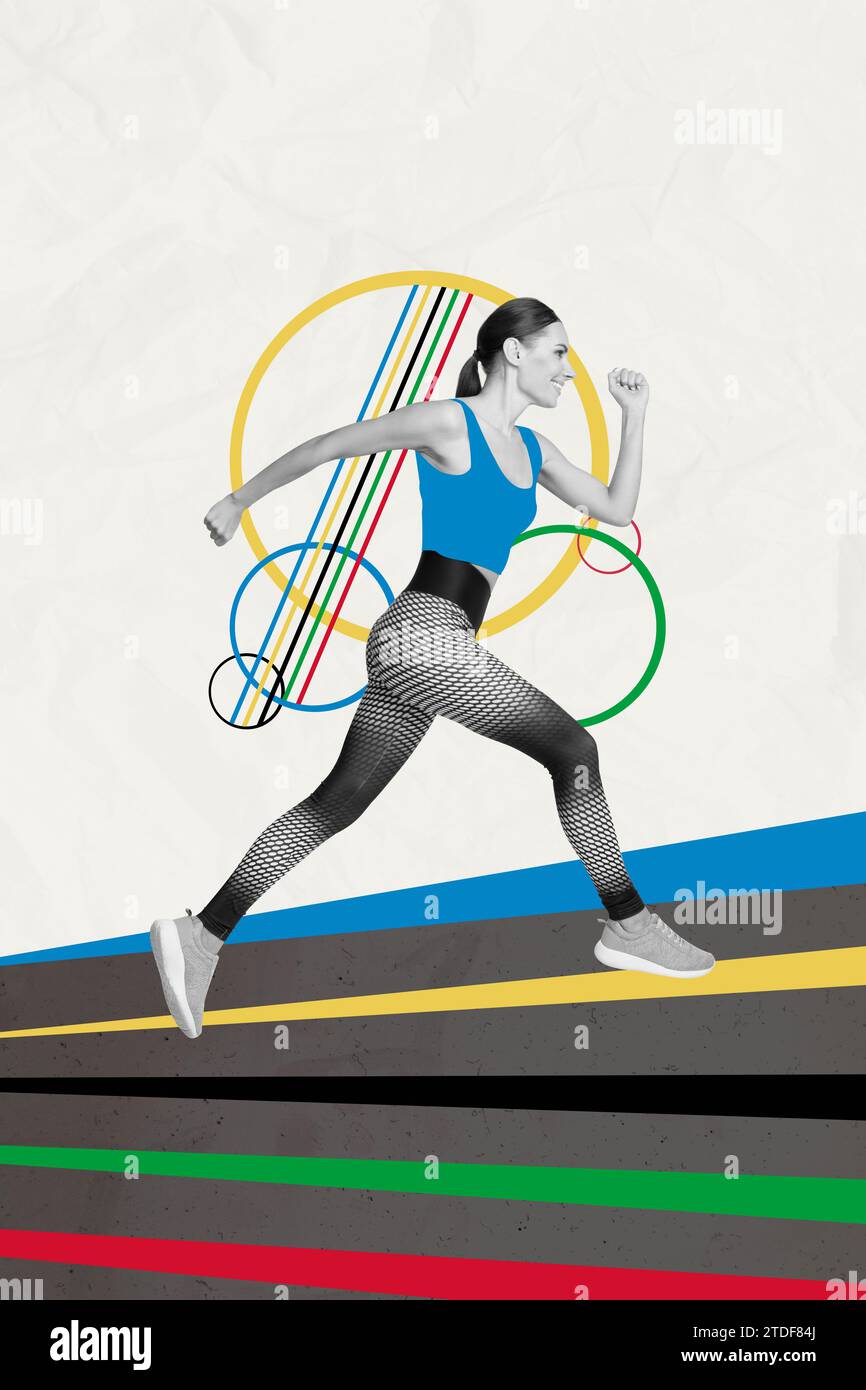 Vertical creative collage picture sporty strong happy young woman run ...