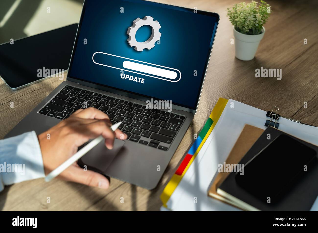 Man Working Software Device Update Online Computer Update Upgrade Progress Progress Bar On