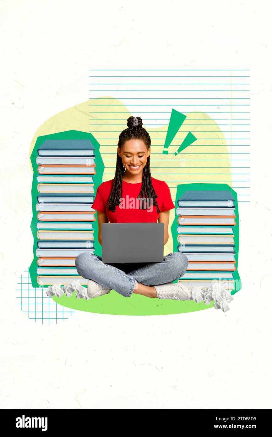 Vertical collage creative illustration happy smart enjoy young lady ...