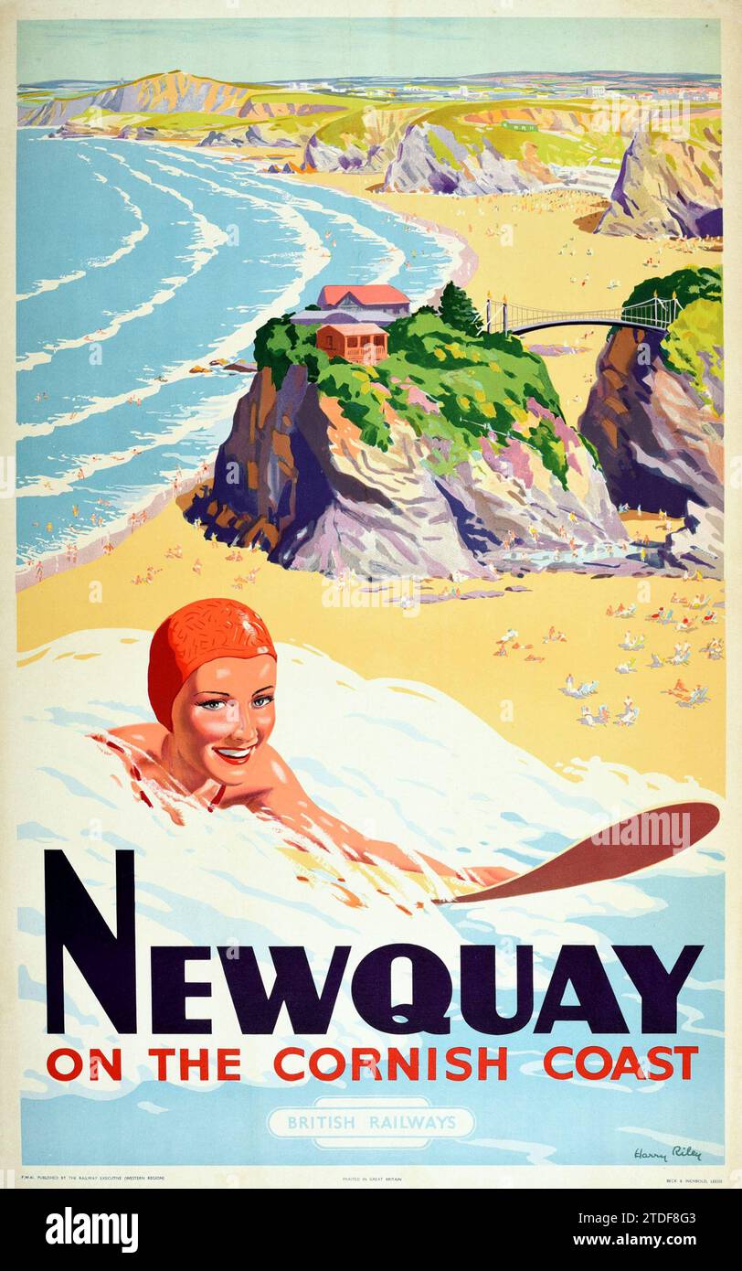 Vintage Poster Newquay Cornwall Coast British Railways Surfing Beach ...
