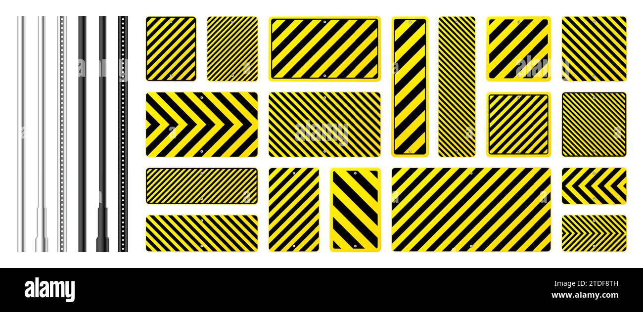 Warning, danger signs, attention banners with metal poles. Yellow ...