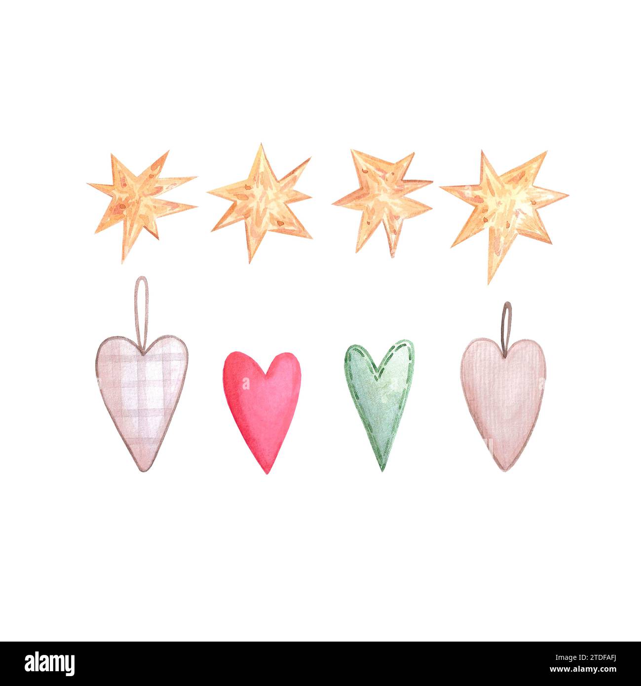 Hand drawn watercolor stars and hearts. Christmas illustration isolated ...