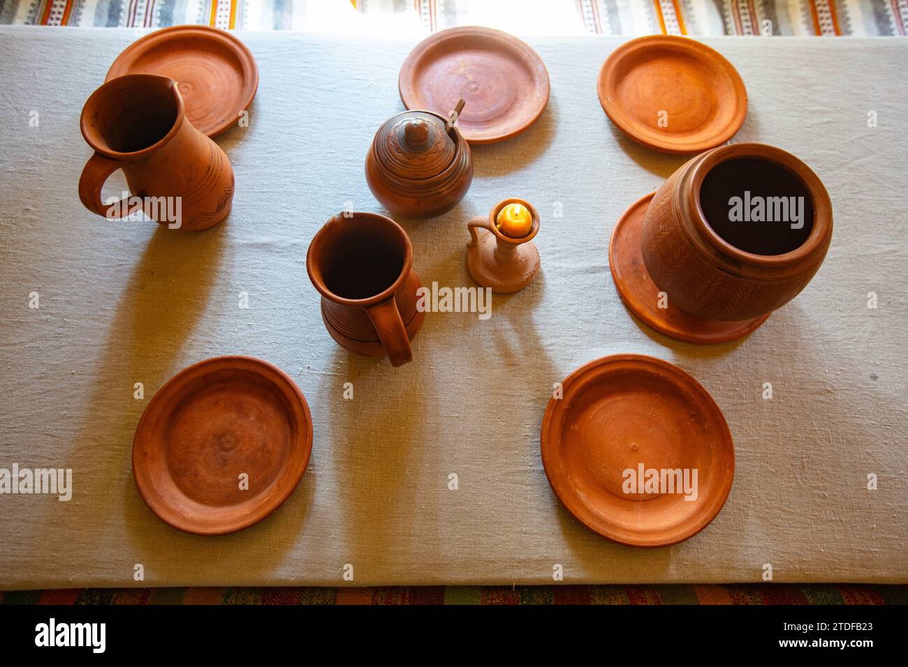 old clay dishware on the table, collection of antient dishware Stock ...