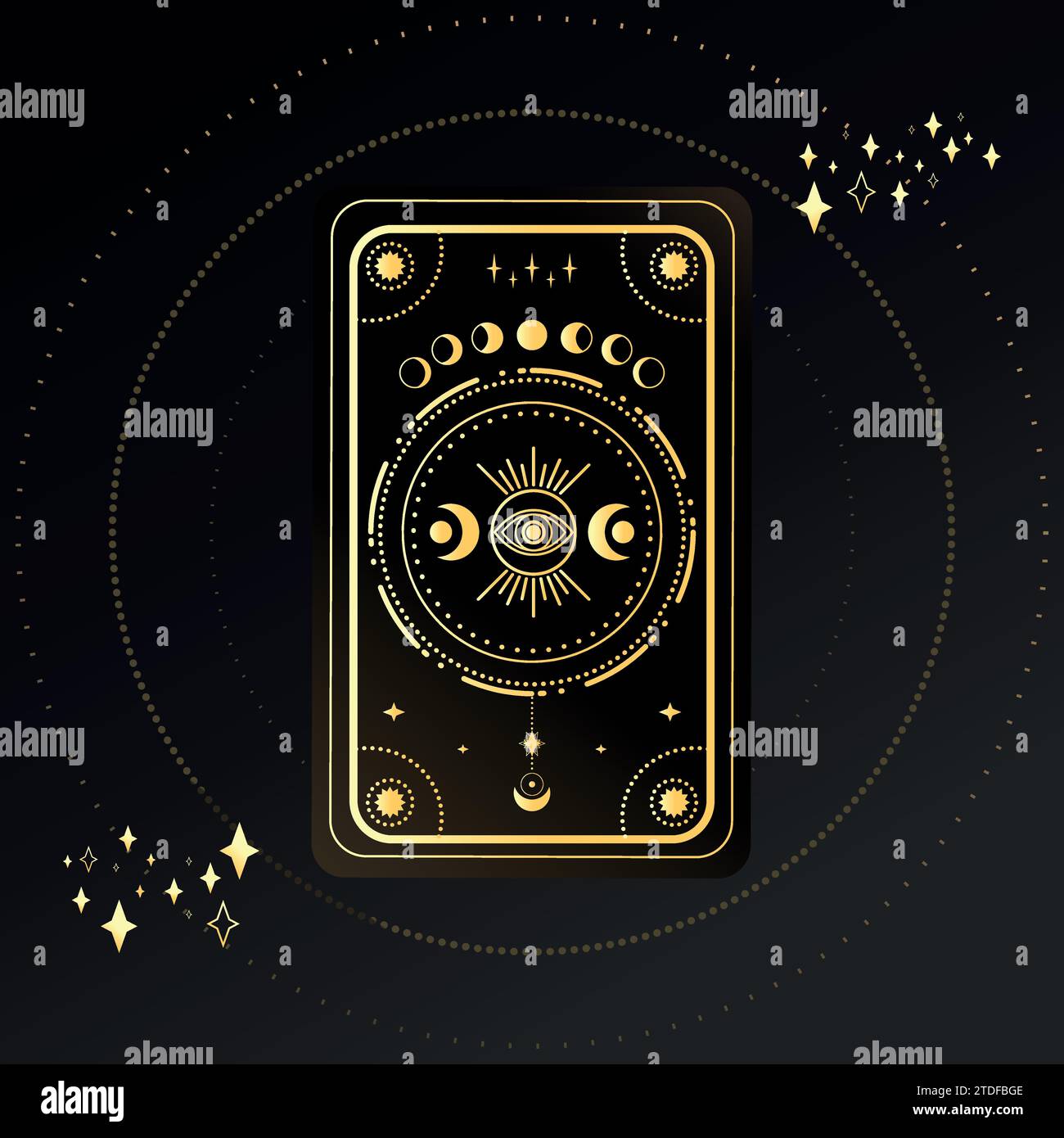 Gold Tarot card with a magical eye, moon and crescent decorated with ...