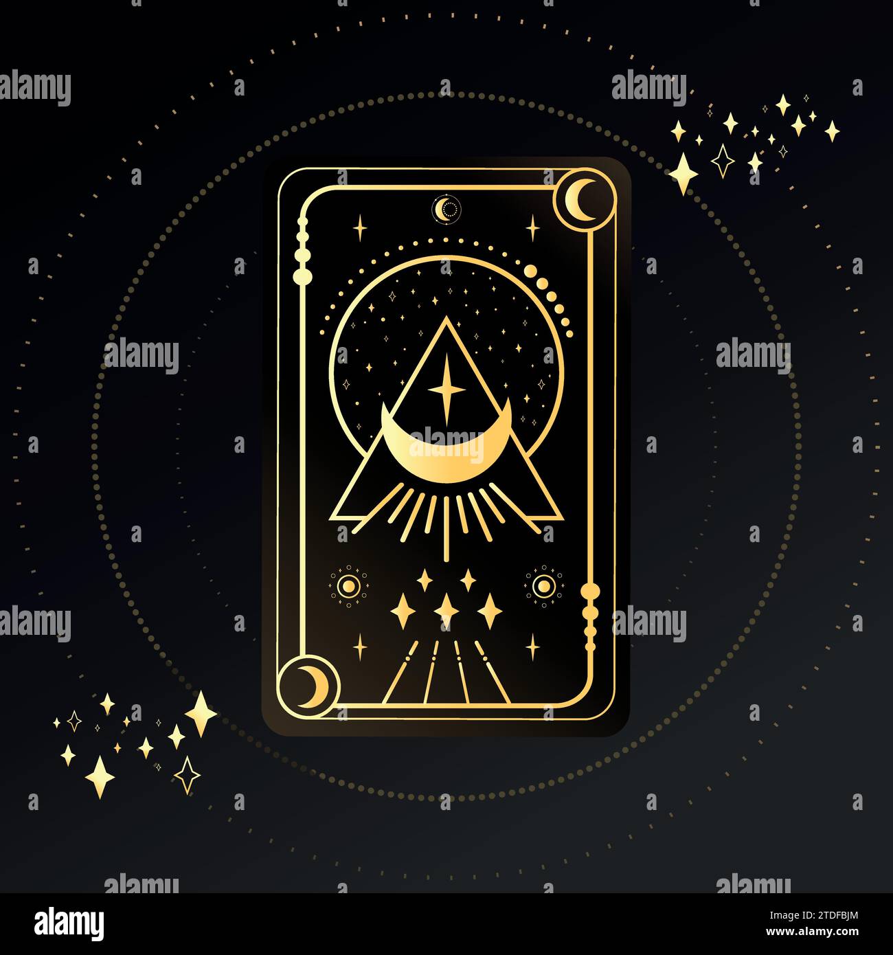 Gold Tarot card with a shining crescent in triangle decorated with ...