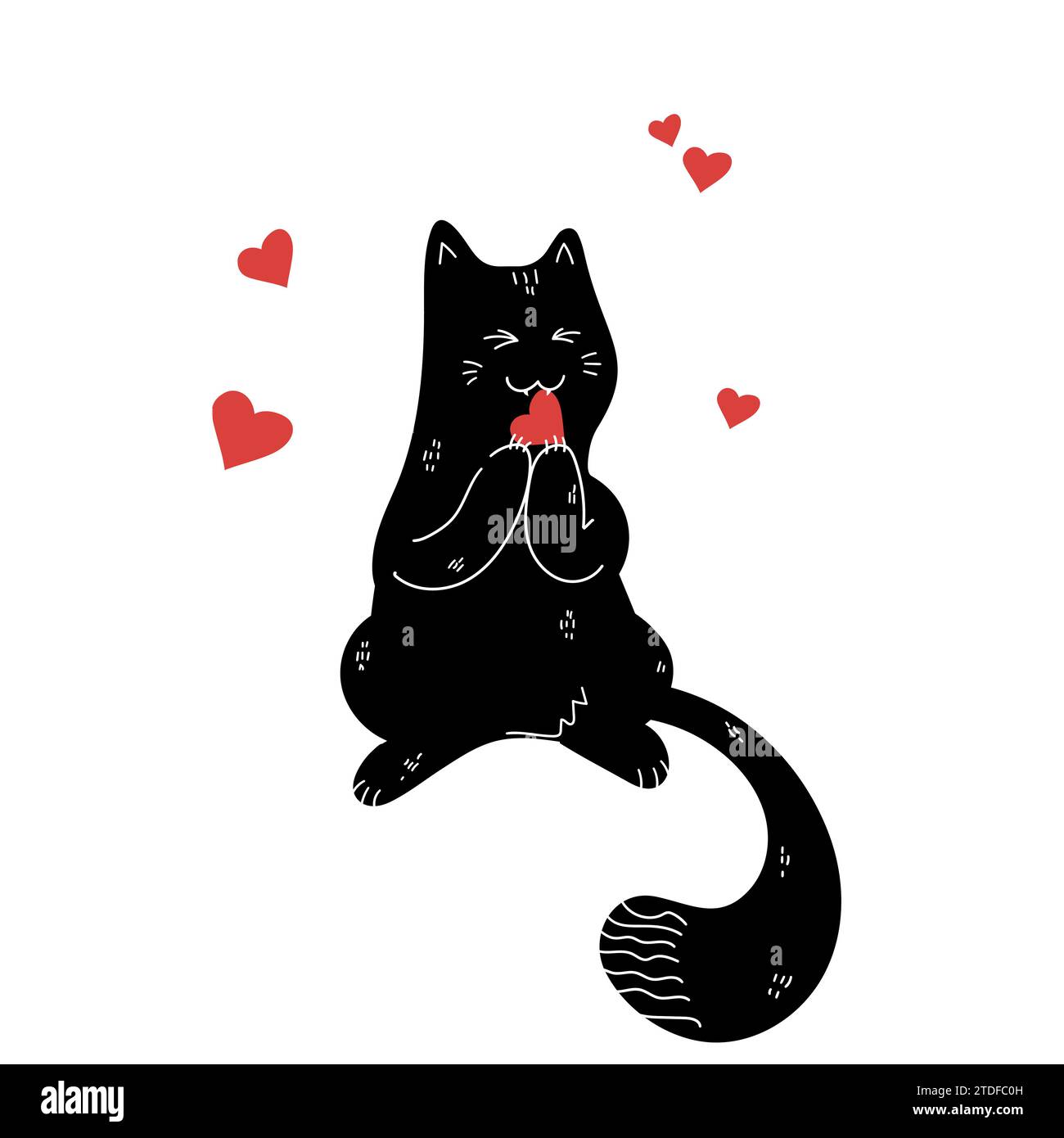 Cute hand drawn cat is biting a heart. Valentine’s Day card. Vector ...