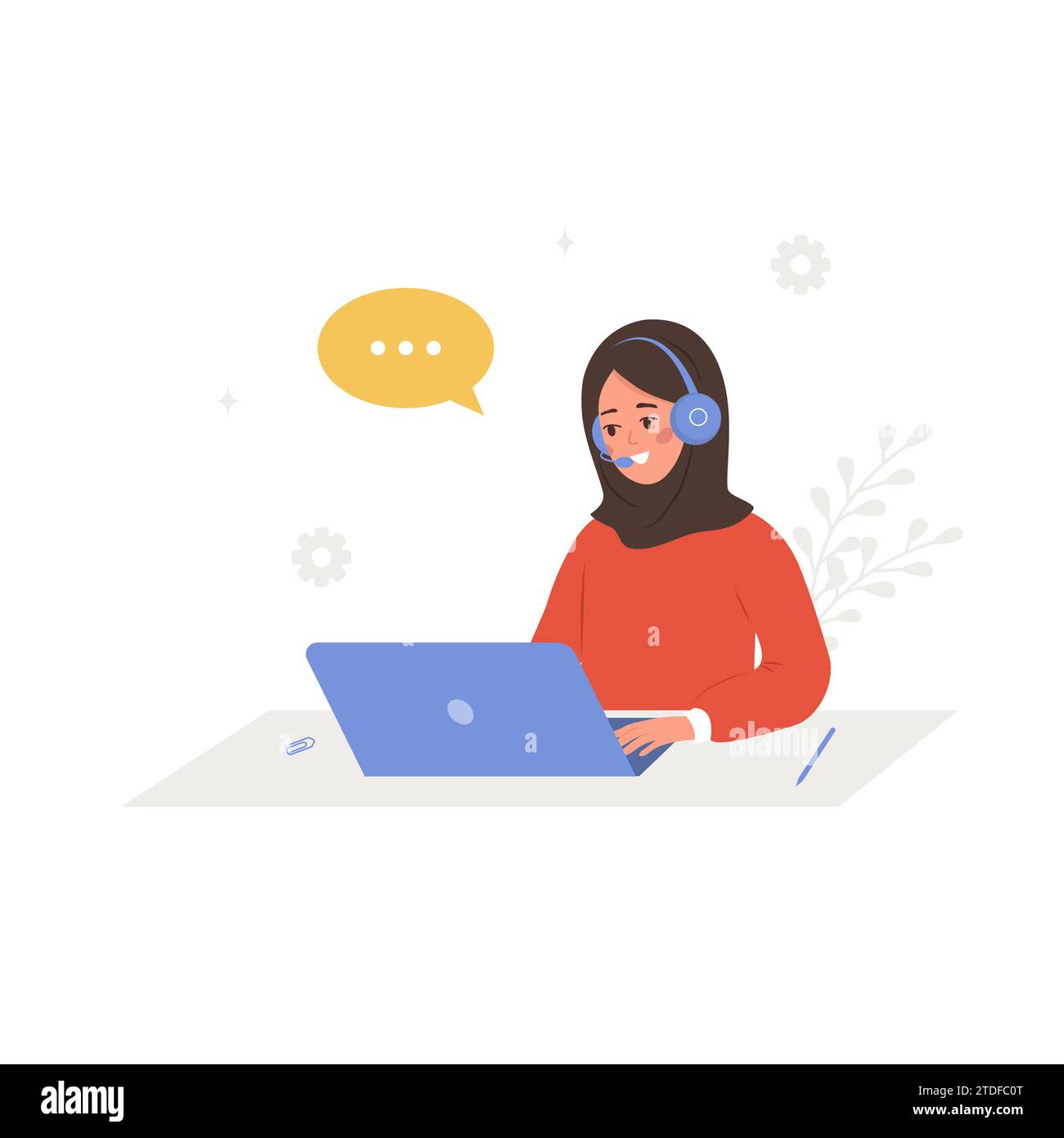Customer support concept. Call center or hotline. Arabian woman with ...