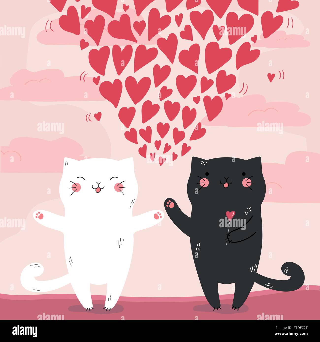 Two hand drawn cats in love with hearts on pink sunset background ...