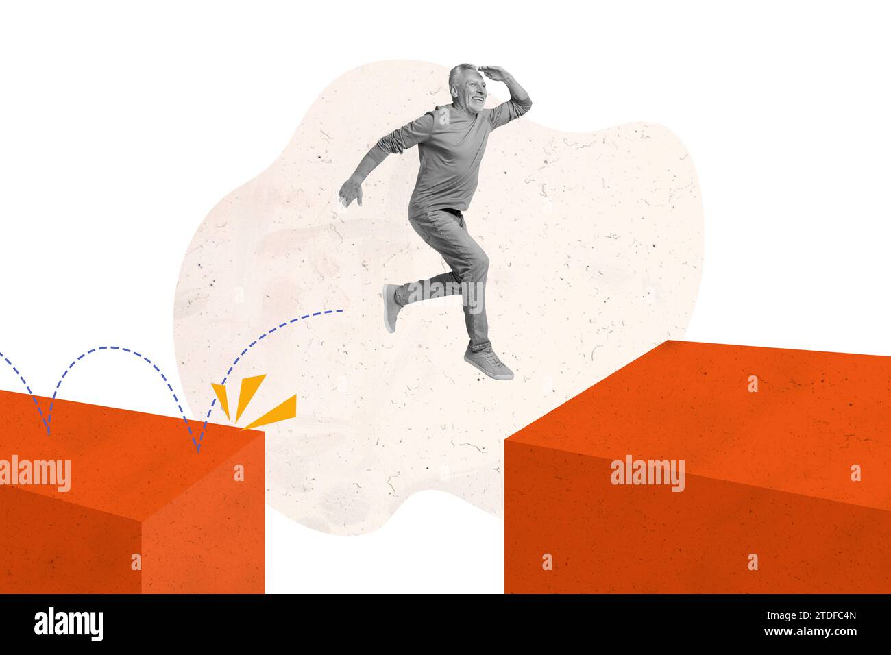 Cartoon stylized collage template of elderly man jumping trajectory ...