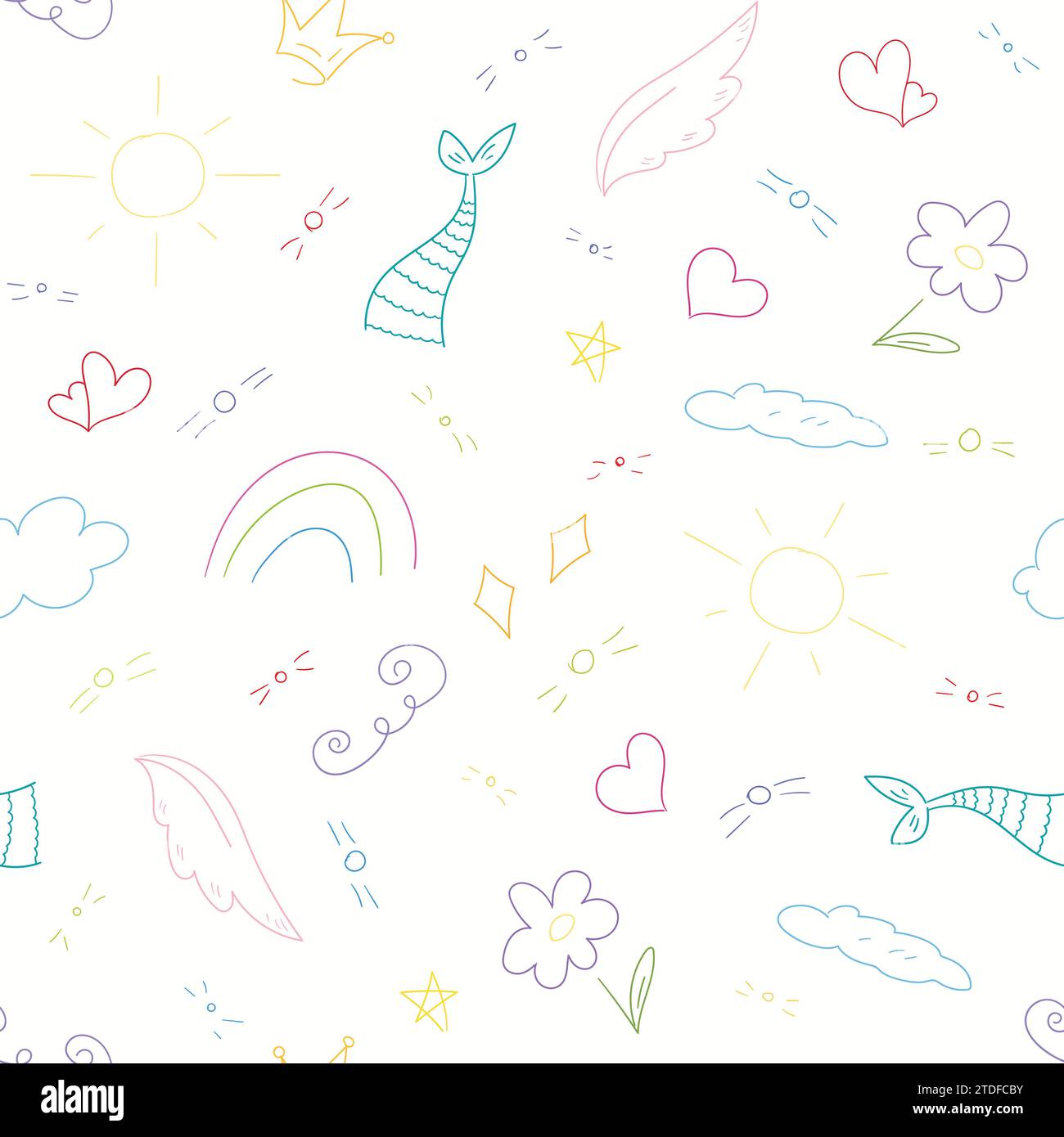 Seamless pattern of different doodle drawings in cute childish style ...