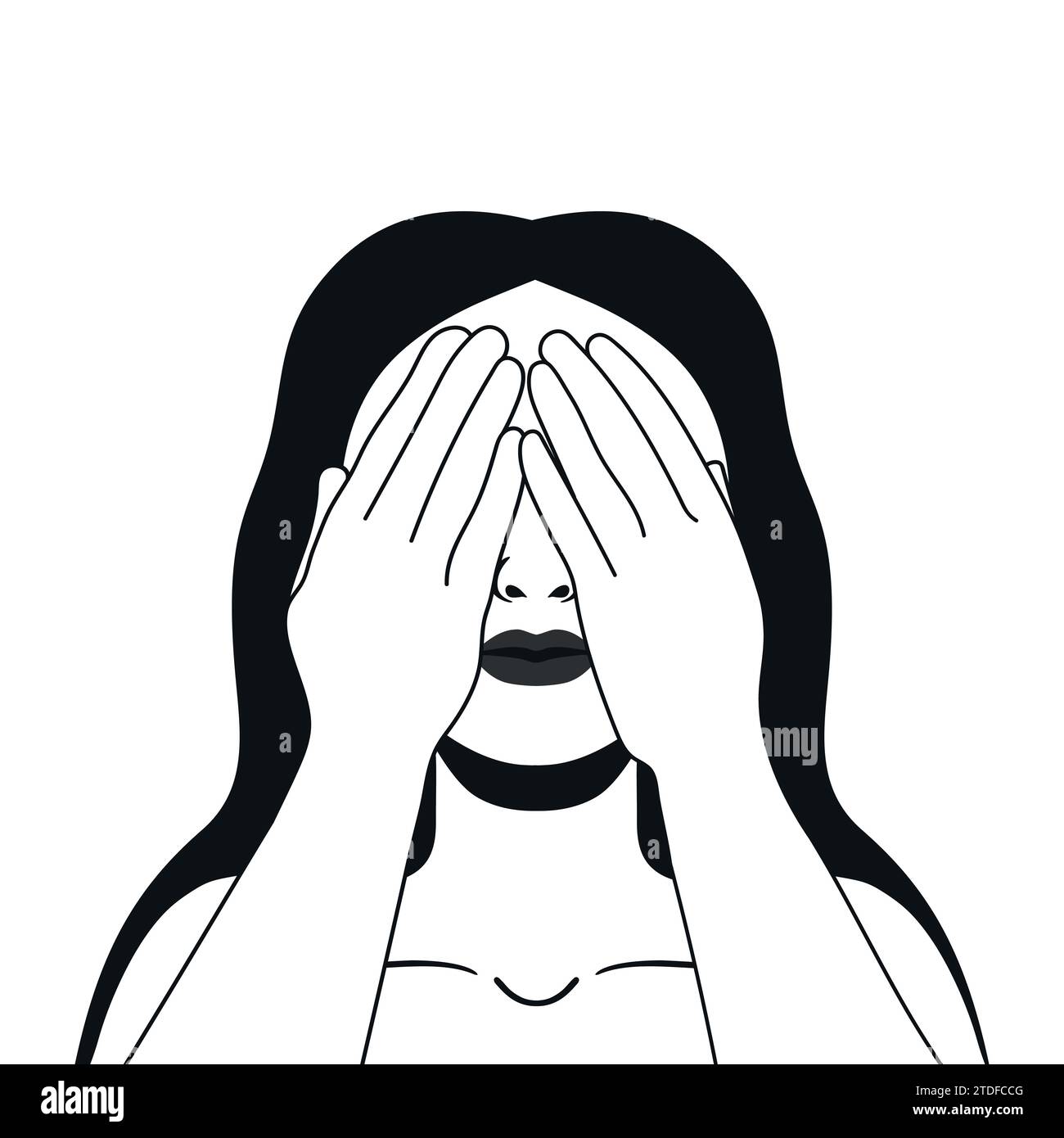 Portrait of a young female covering her eyes with hands to avoid seeing ...