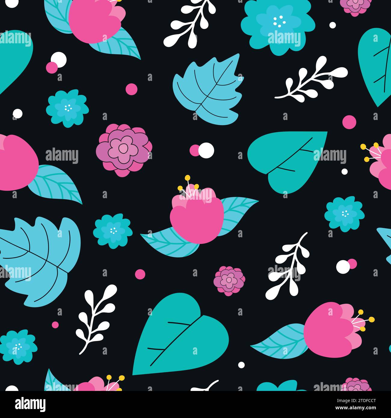Bright colored botanical seamless pattern. Cartoon flowers, leaves and ...