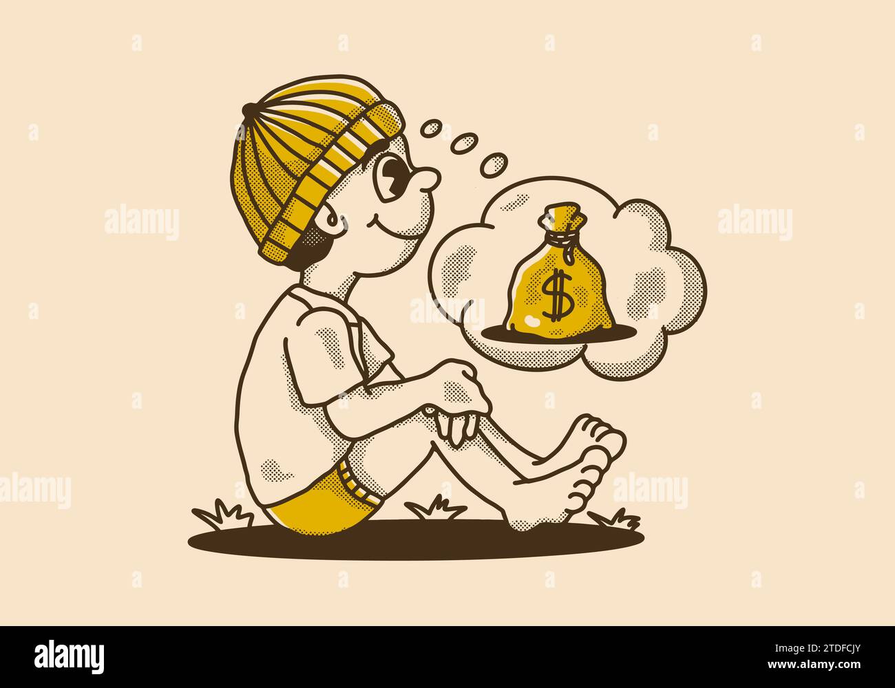 Vintage character illustration of a beanie boy sitting and daydreaming ...