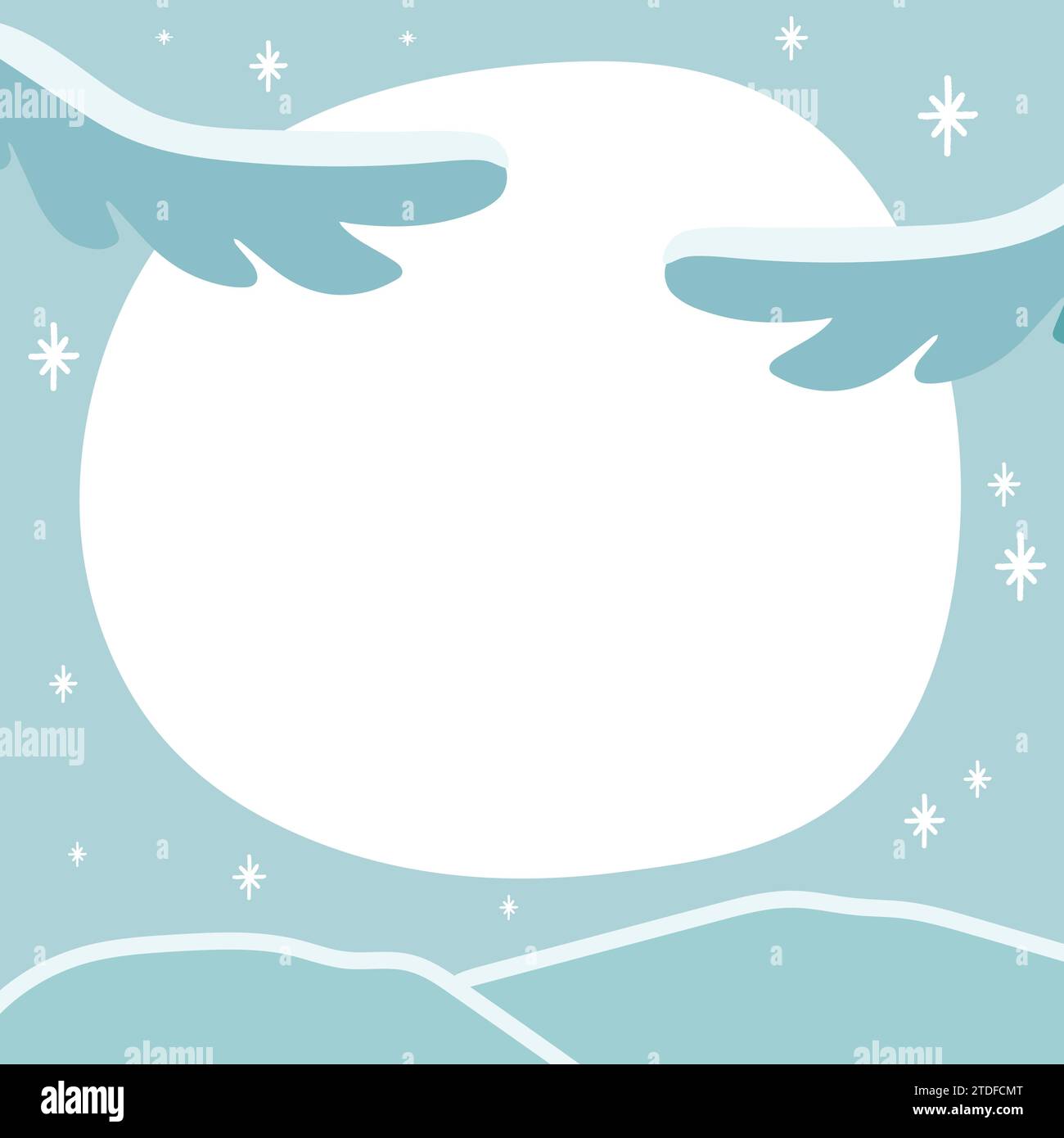 Simple hand drawn winter landscape background. Template with a blank space decorated with snow ...