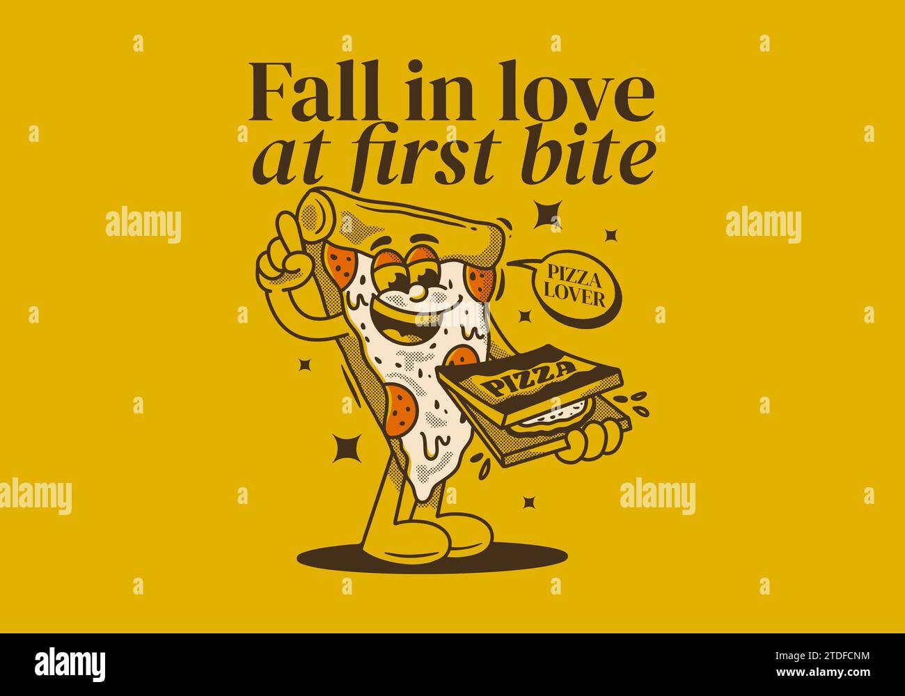Fall in love at first bite. Mascot character of pizza holding a box ...