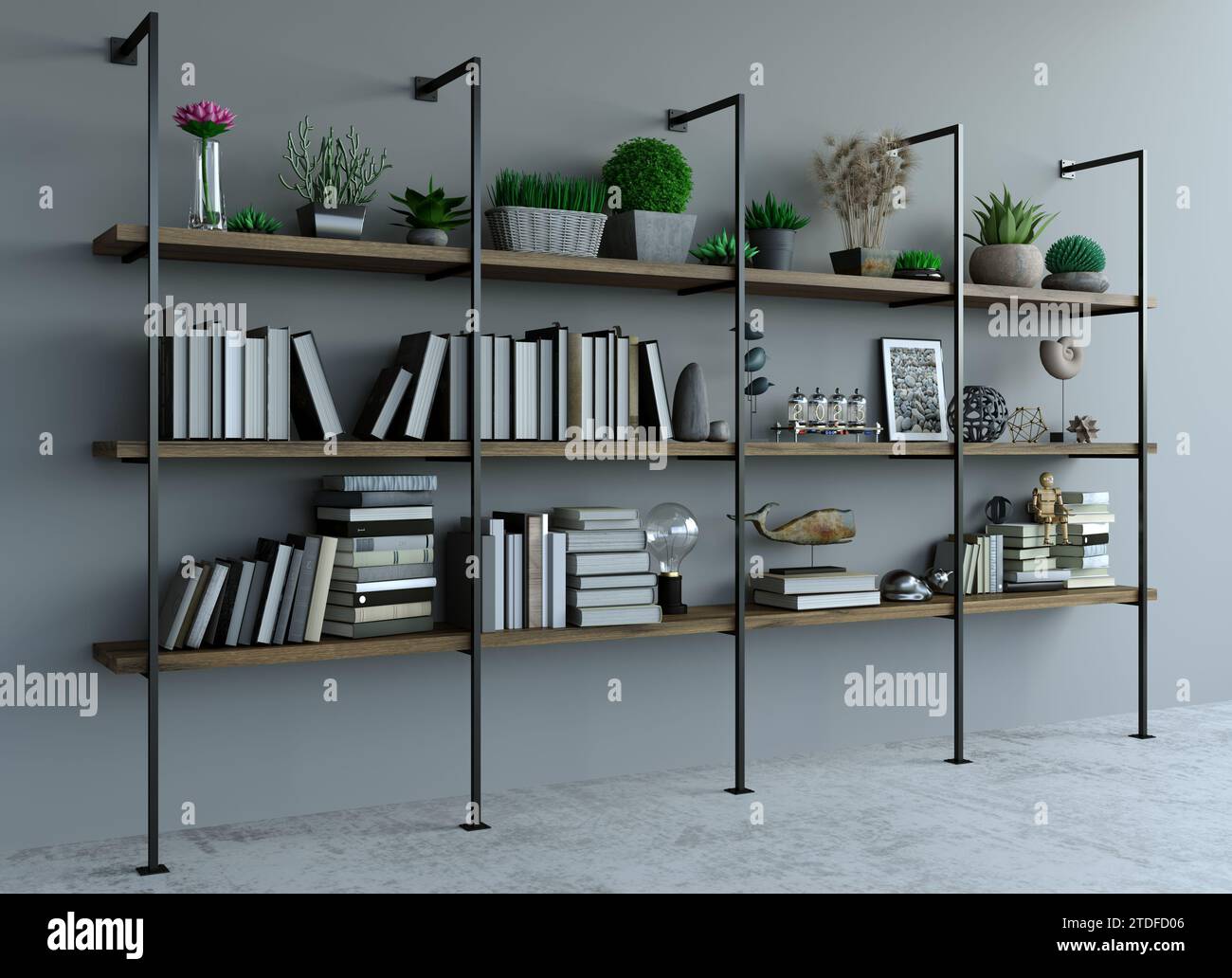 3d illustration. Modern interior in loft style background old wall. Furniture and shelves ...