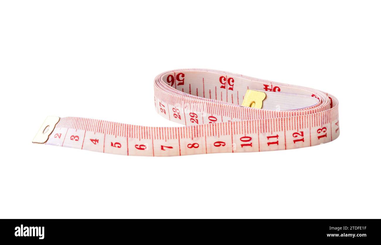 White tape measure with scale numbers is isolated on white background ...