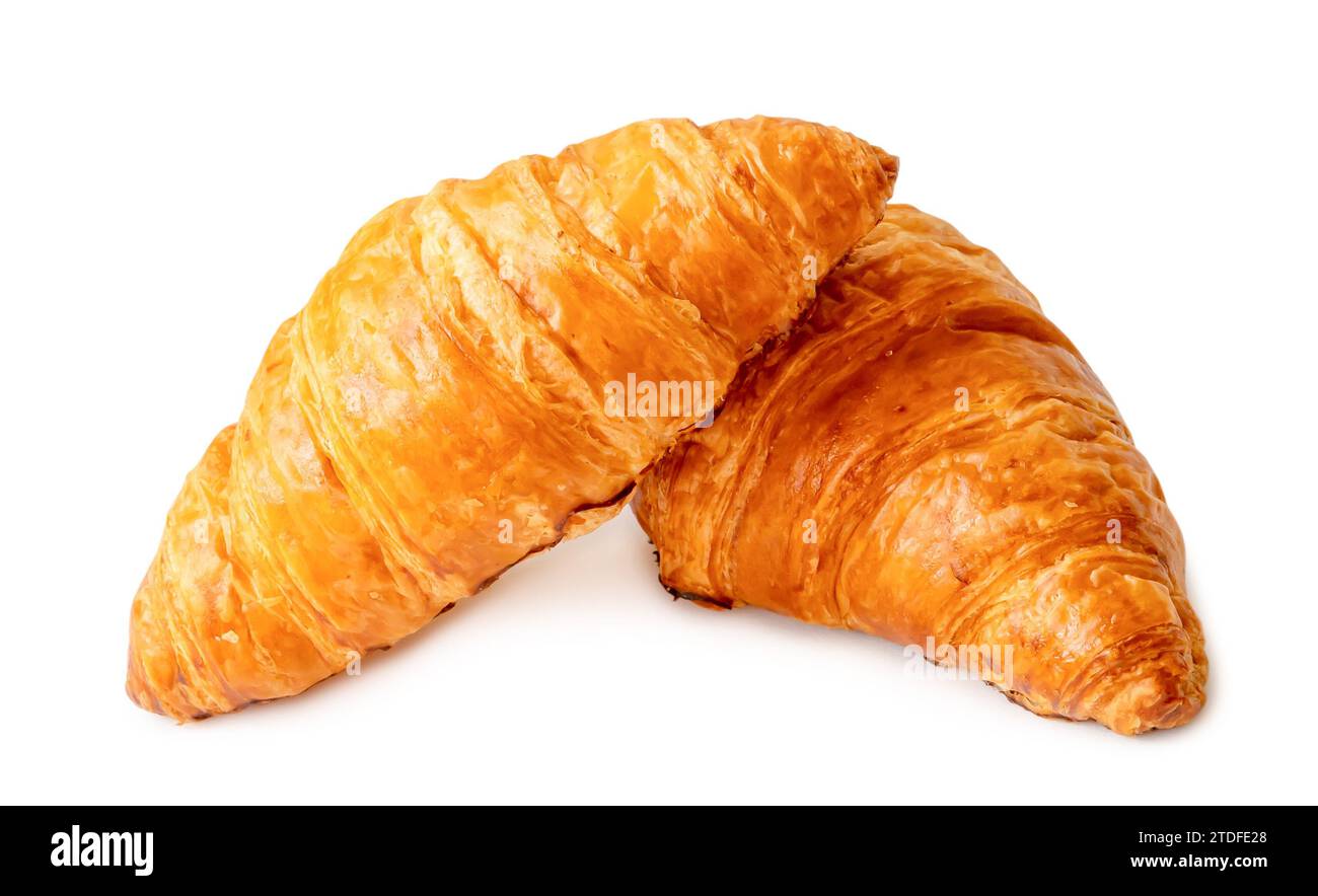 two piece of croissant in stack and cross shape are isolated on white ...