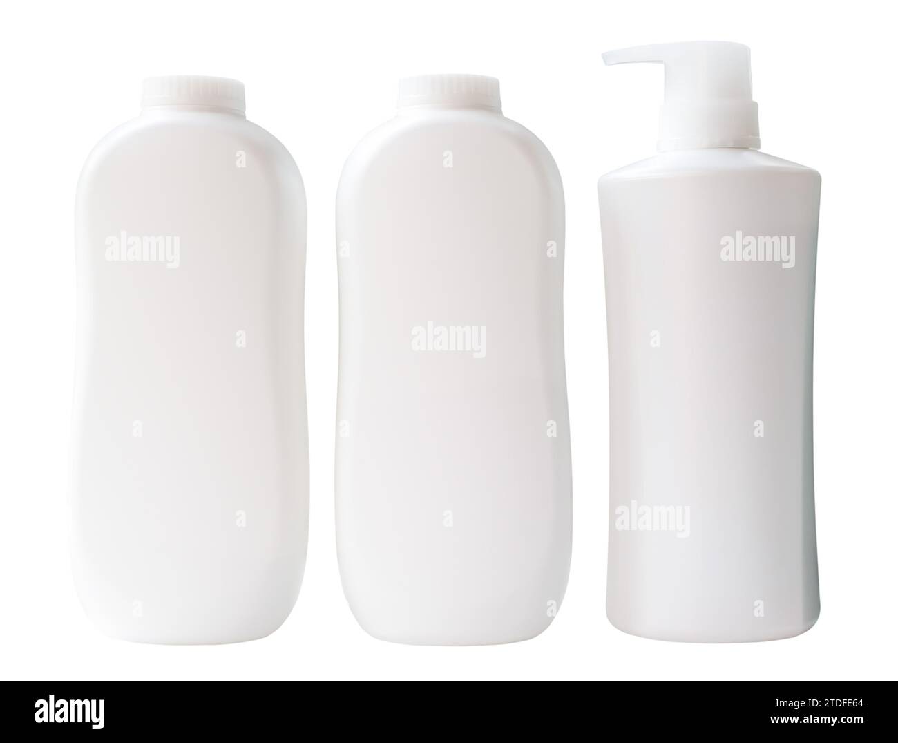 Set of three white shampoo or hair conditioner and powder bottle or ...