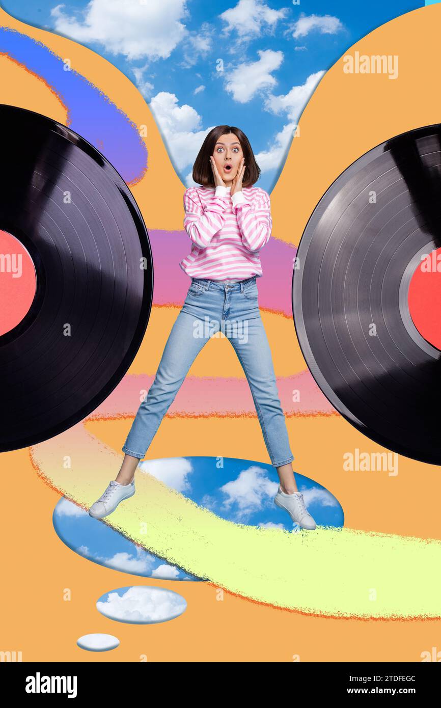 Creative vertical collage poster falling flying young shocked girl two ...