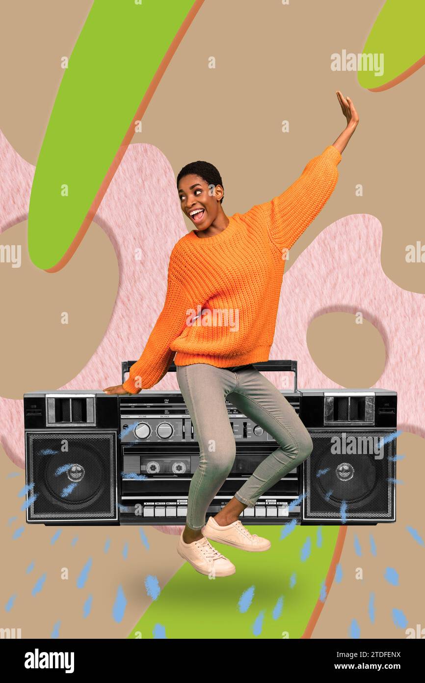 Vertical collage excited cheerful young dancing person boombox music ...