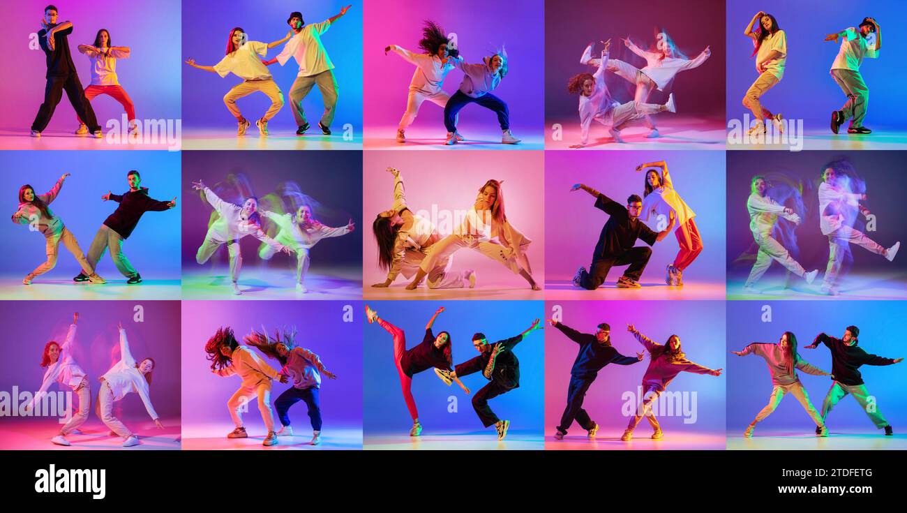 Collage made of dynamic portraits of talented dancers, make smooth body ...