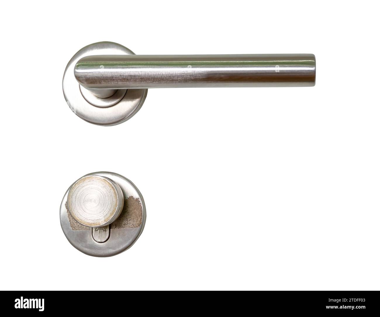 Close up photo of silver metal door handle is isolated on white ...