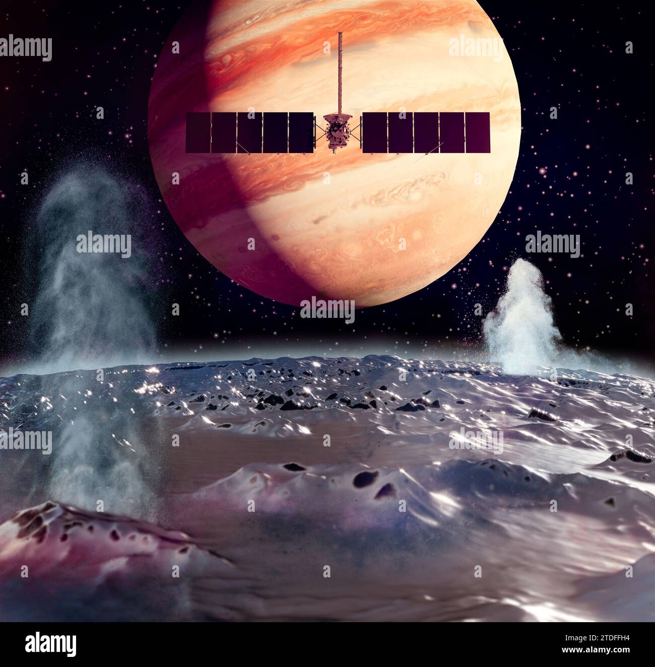 Clipper spacecraft on a flyby over Europa’s surface with Jupiter rising ... Clipper spacecraft on a flyby over Europa’s surface with Jupiter rising ...