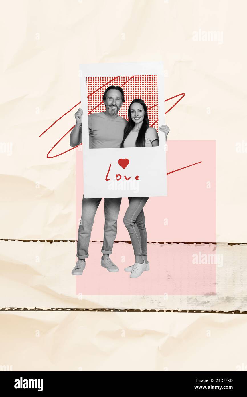 Vertical artwork collage poster happy joyful couple standing hold huge ...