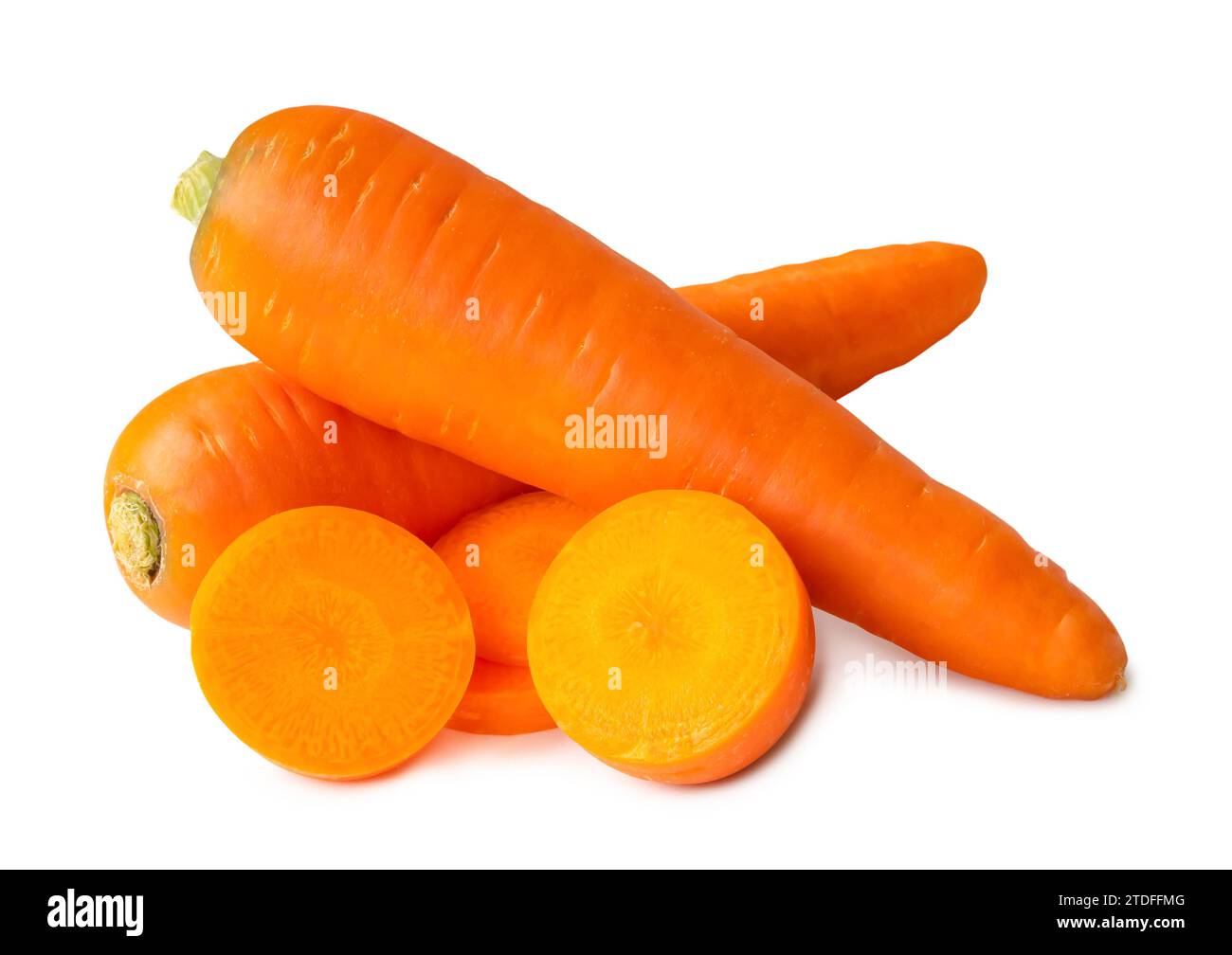 Two fresh orange carrots with slices in stack are isolated on white ...