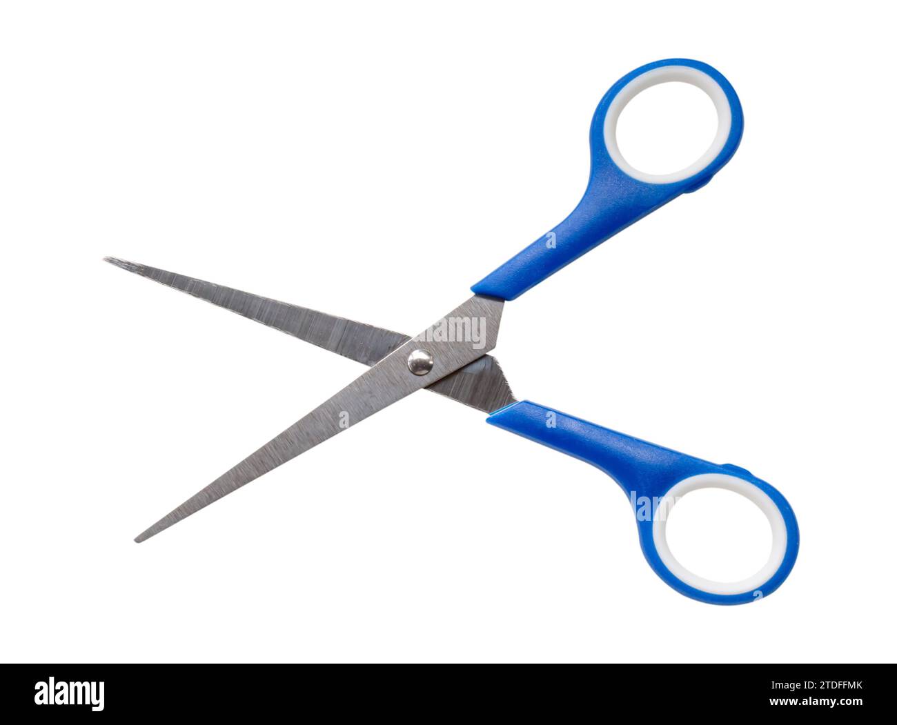 Small multipurpose scissors with blue handle is isolated on white ...