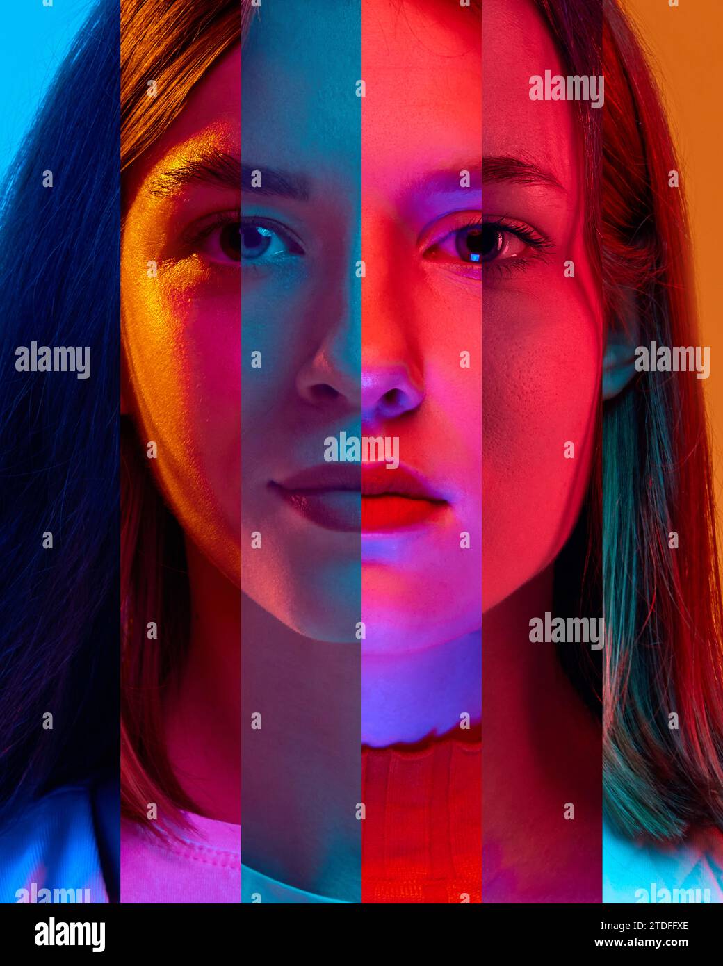 Female portrait. Collage made of narrow stripes of different female ...