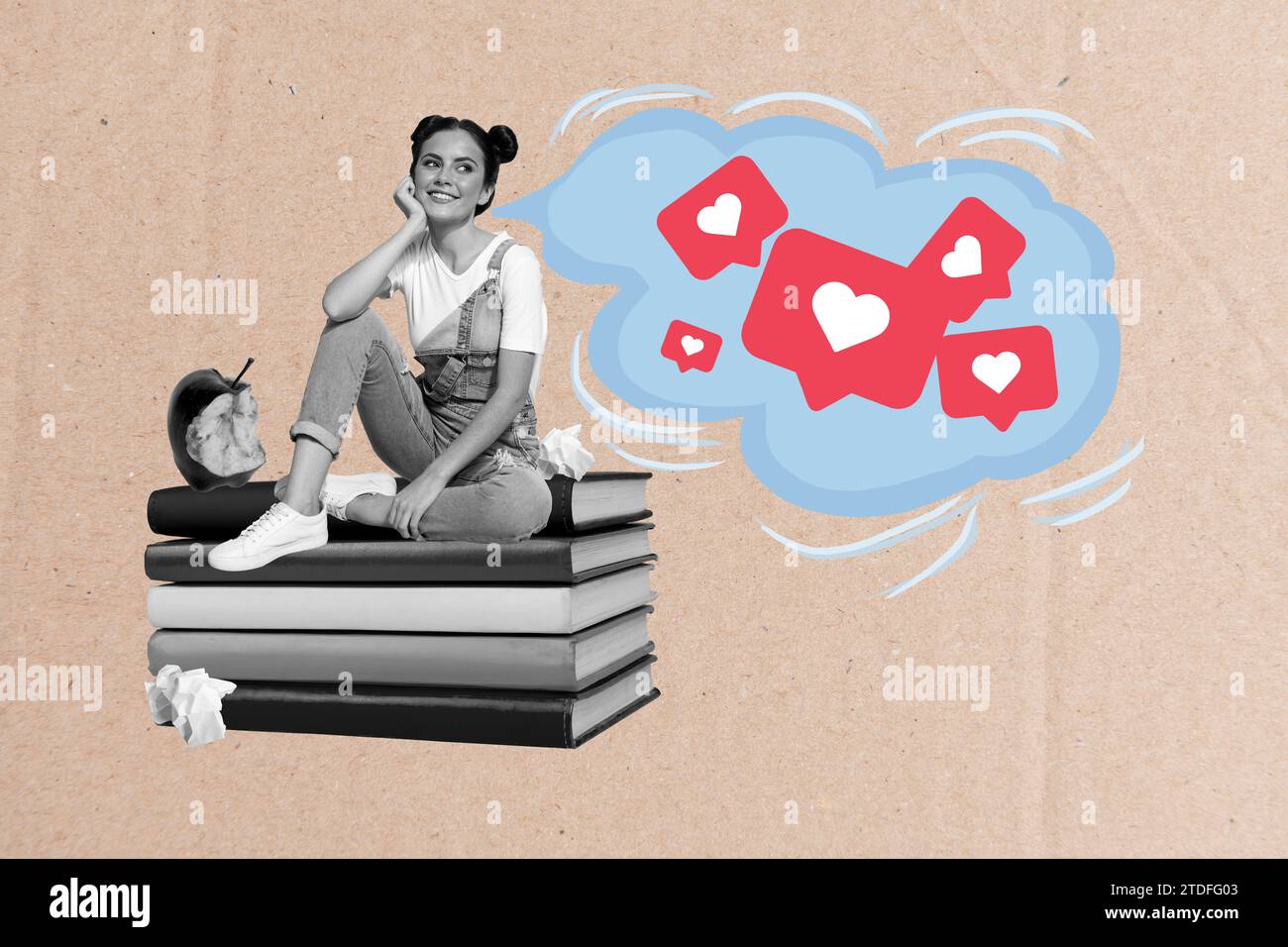 Creative collage picture image lovely cute young woman sit big stack ...