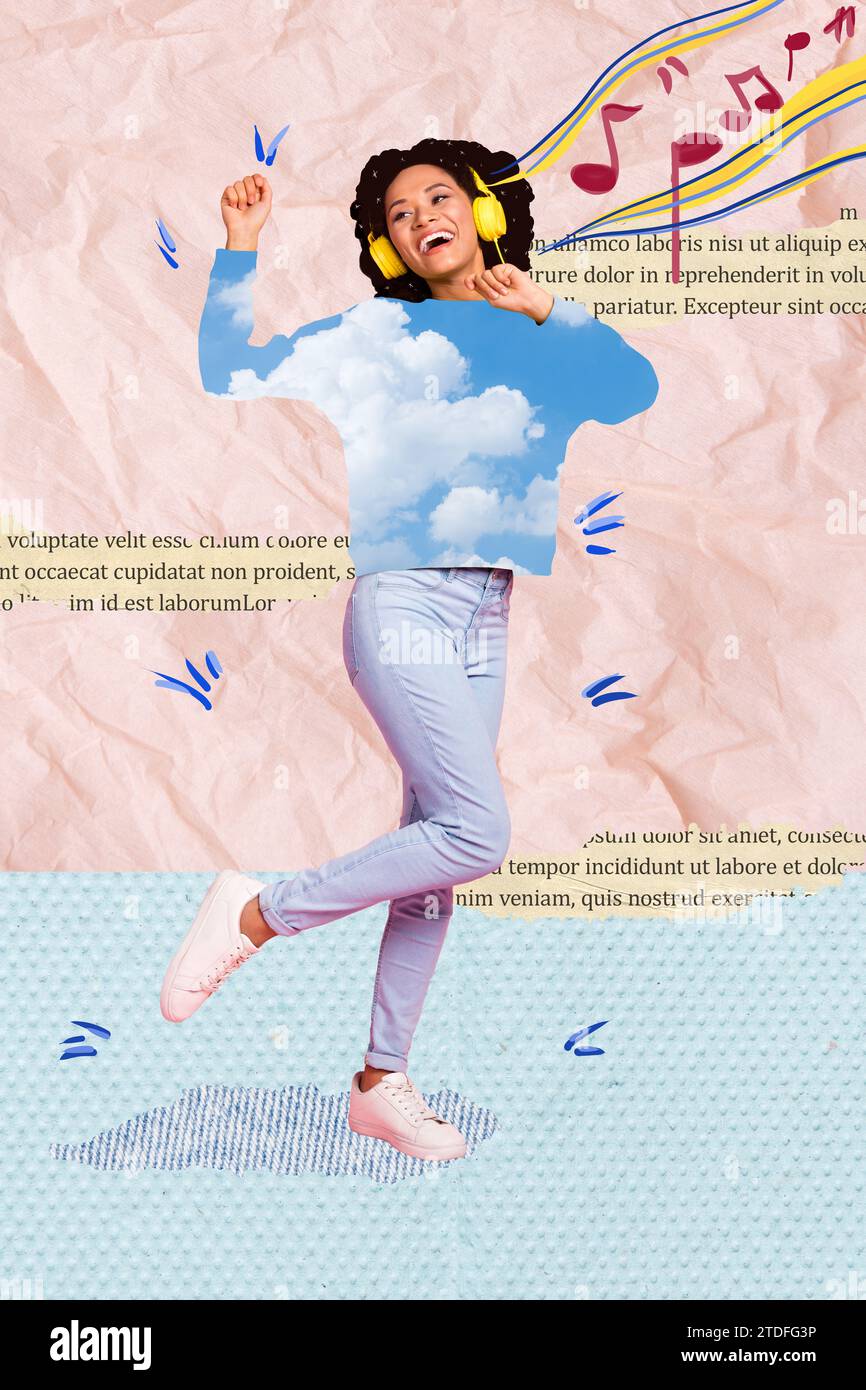 Placard image collage of cheerful girl listening 8d music modern ...