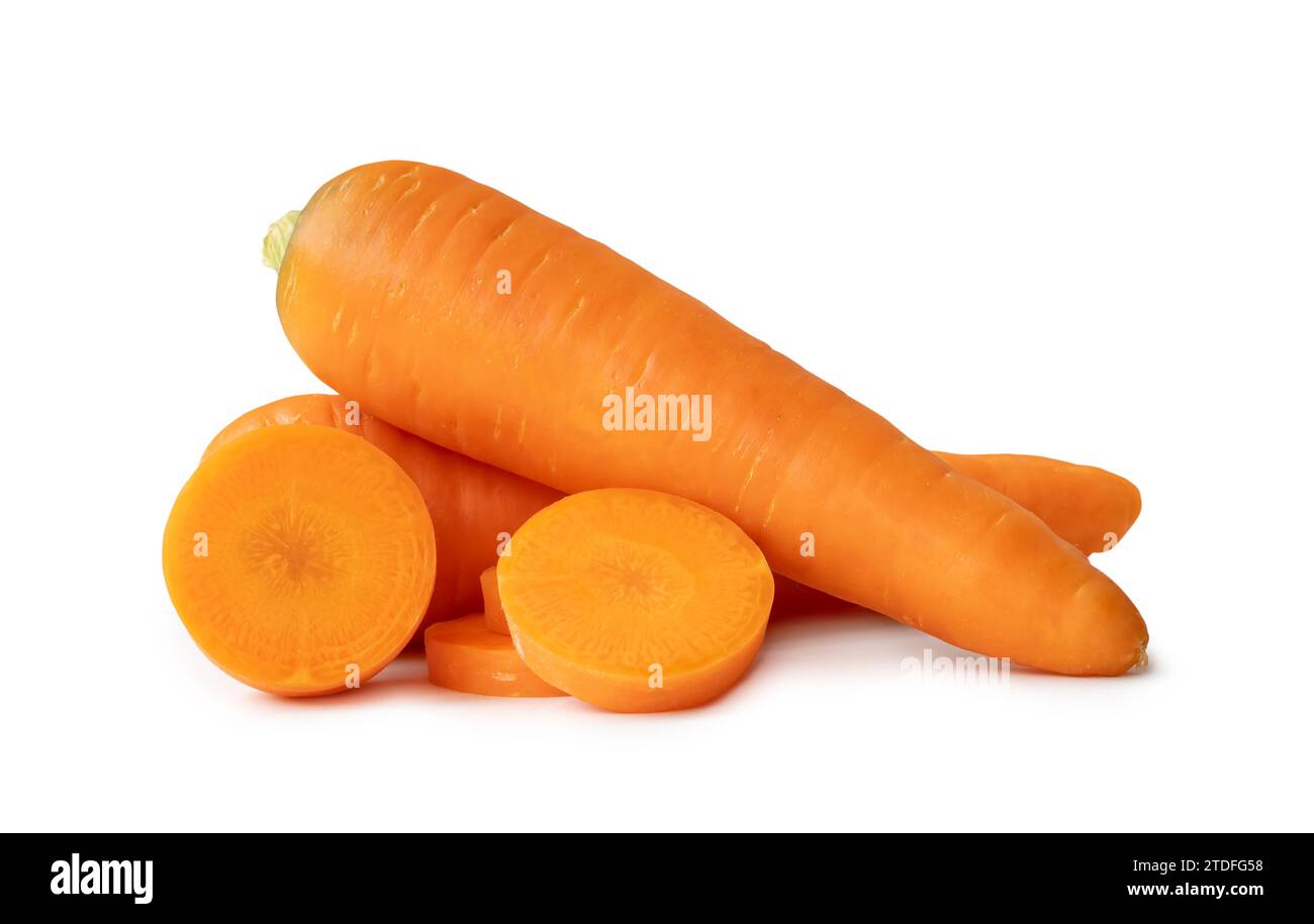 Two fresh orange carrots with slices in stack are isolated on white ...