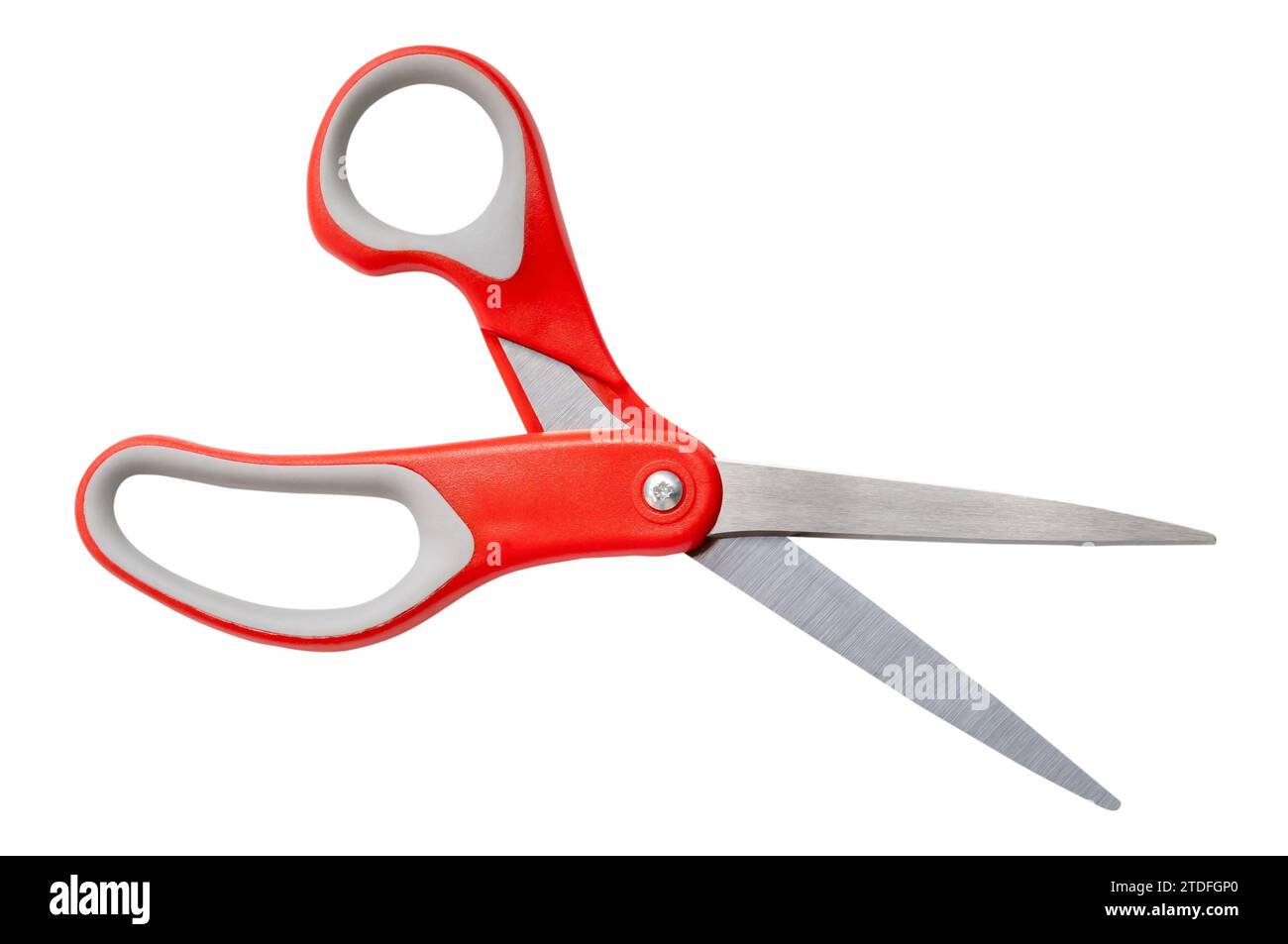 Single scissors with red handle is isolated on white background with ...