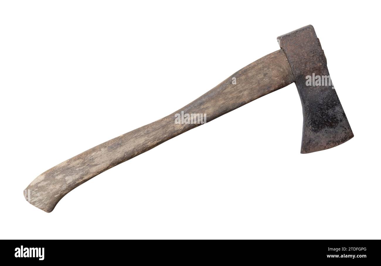 Old rust dirty dark gray axe with brown wooden handle is isolated on ...