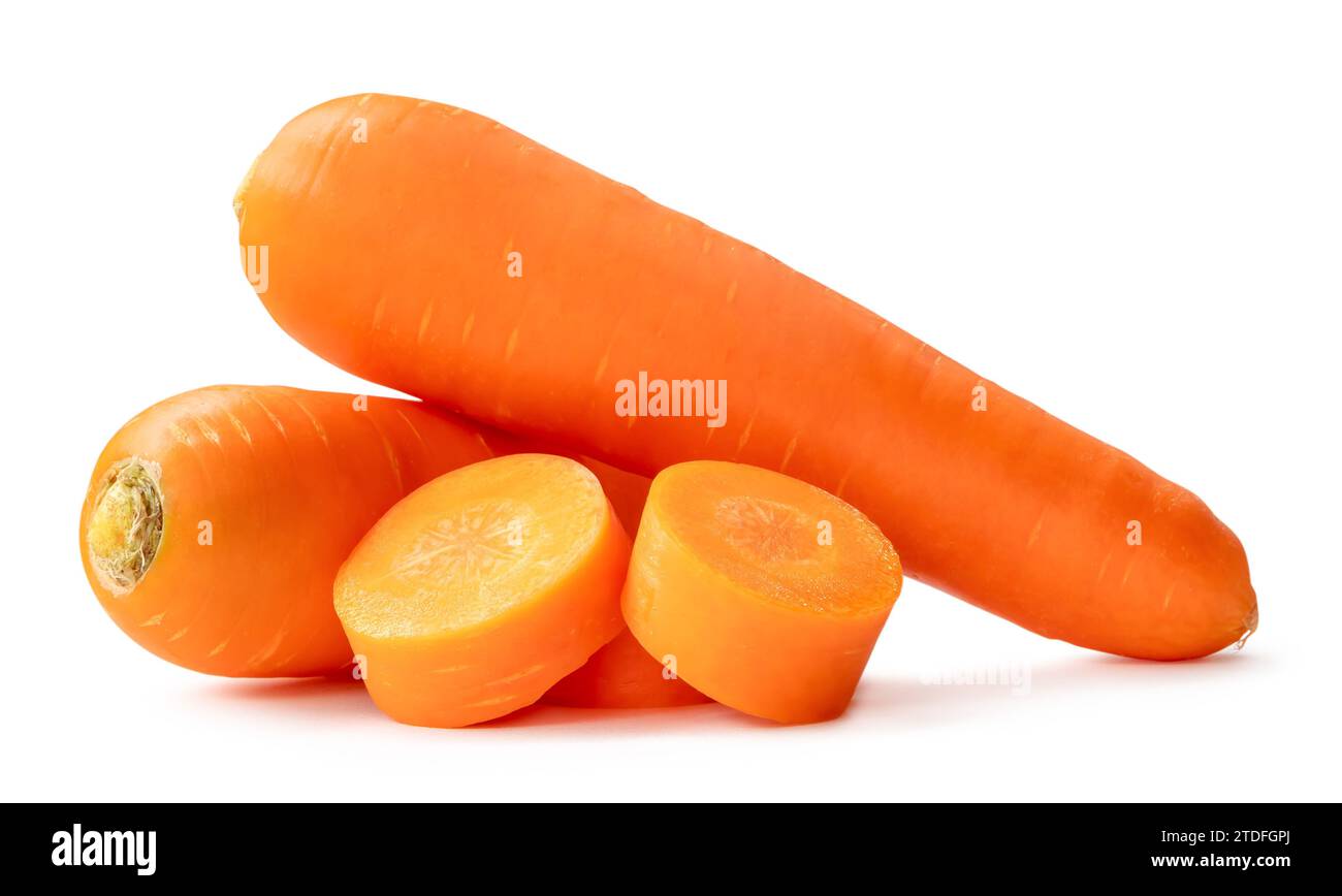 Two fresh orange carrots with slices in stack are isolated on white ...