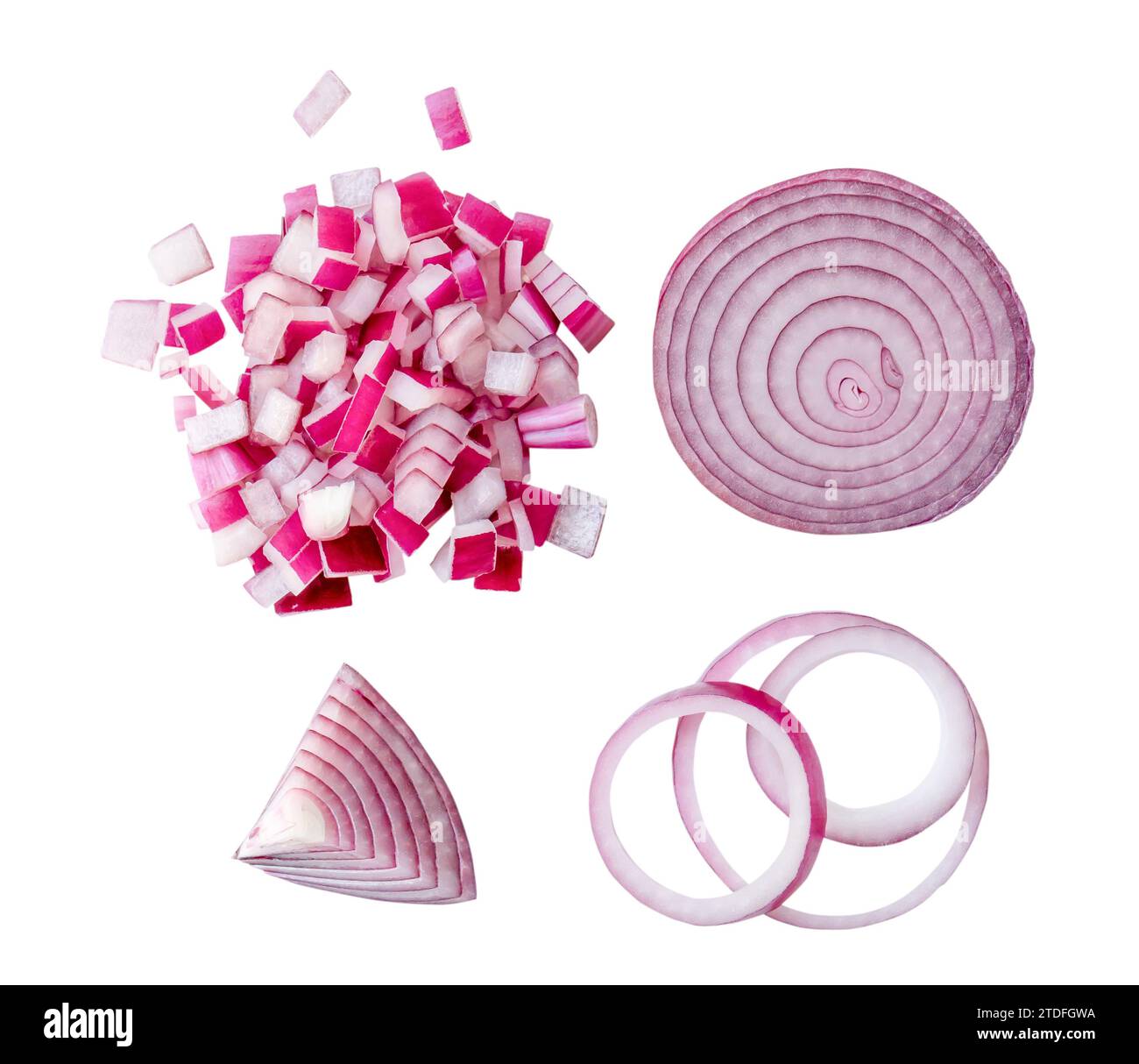 Top view set of red or magenta onion half and slices in several shape ...