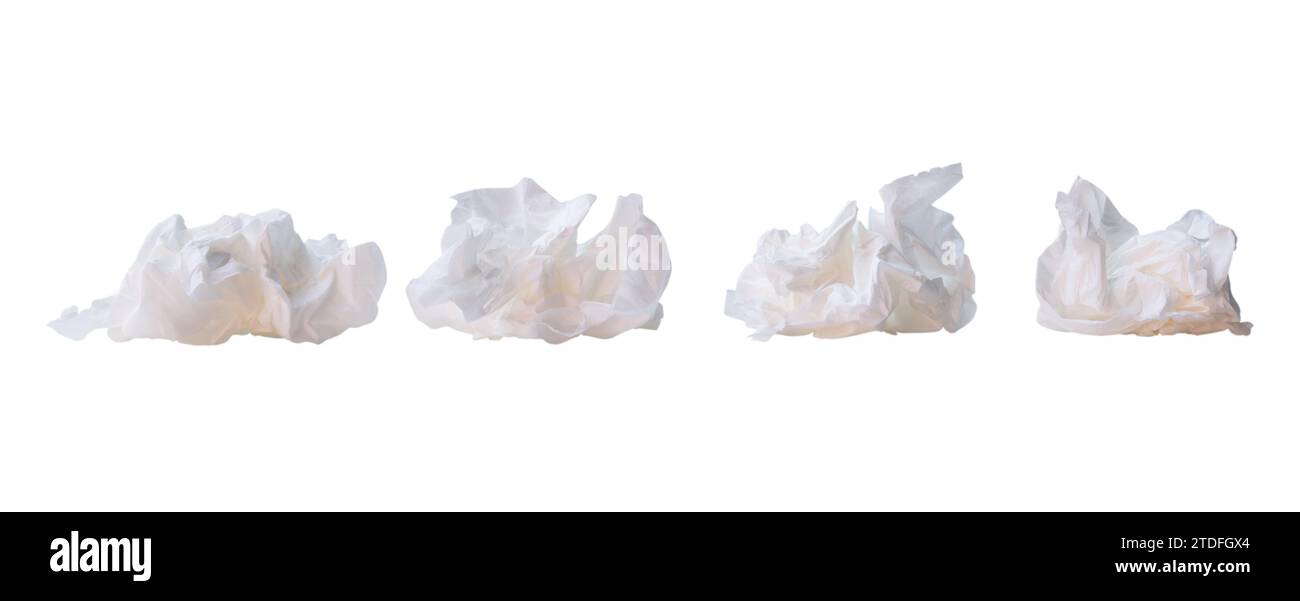 Set of white crumpled or screwed tissue paper after use in toilet or ...