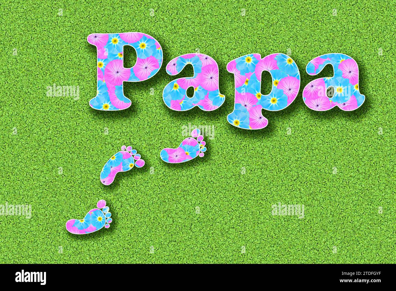 The German word Papa for Daddy, written with flowers and small footprints of a child, in baby ...
