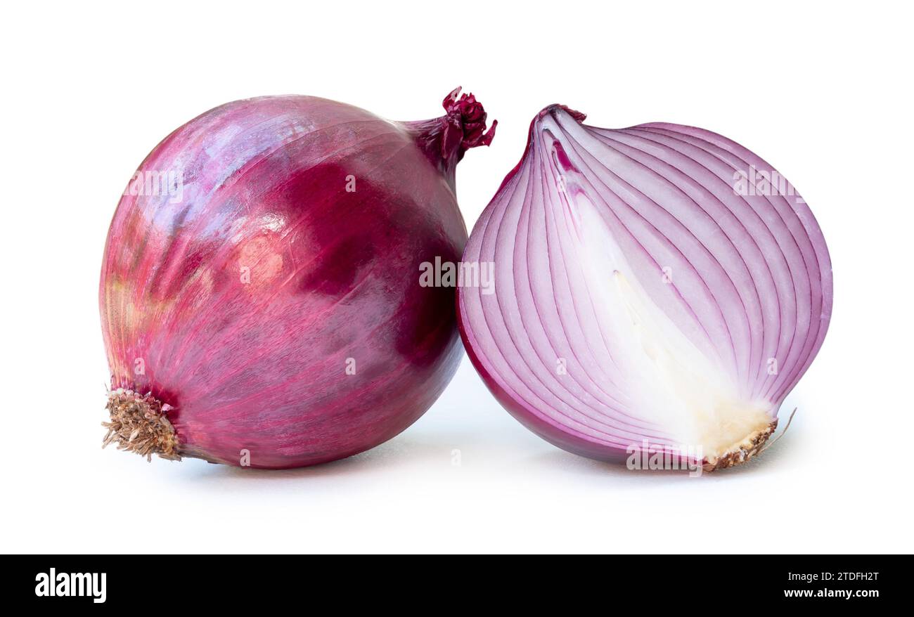 Fresh red onion bulb with half is isolated on white background with ...