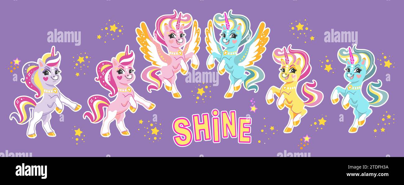 Collection of cute cartoon six unicorns on a purple background vector Stock Vector Image & Art ...